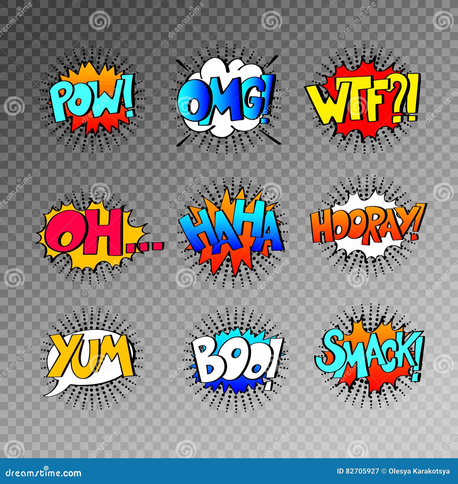 Collection of Nine Multicolored Comic Sound Effects in Pop Art S Stock ...