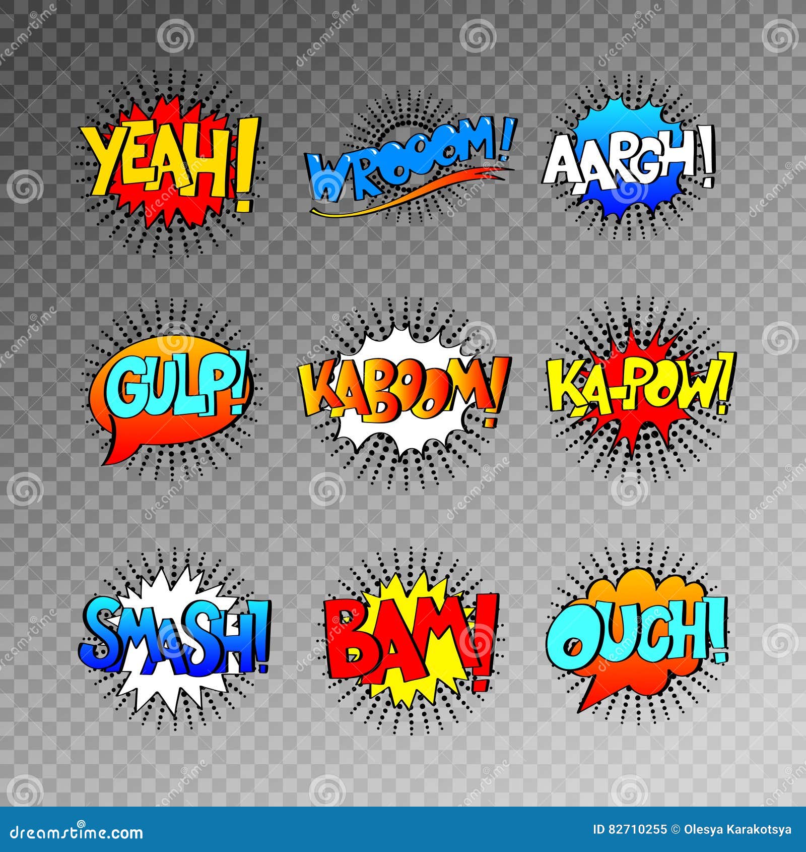 Collection of Nine Multicolored Comic Sound Effects in Pop Art S Stock ...