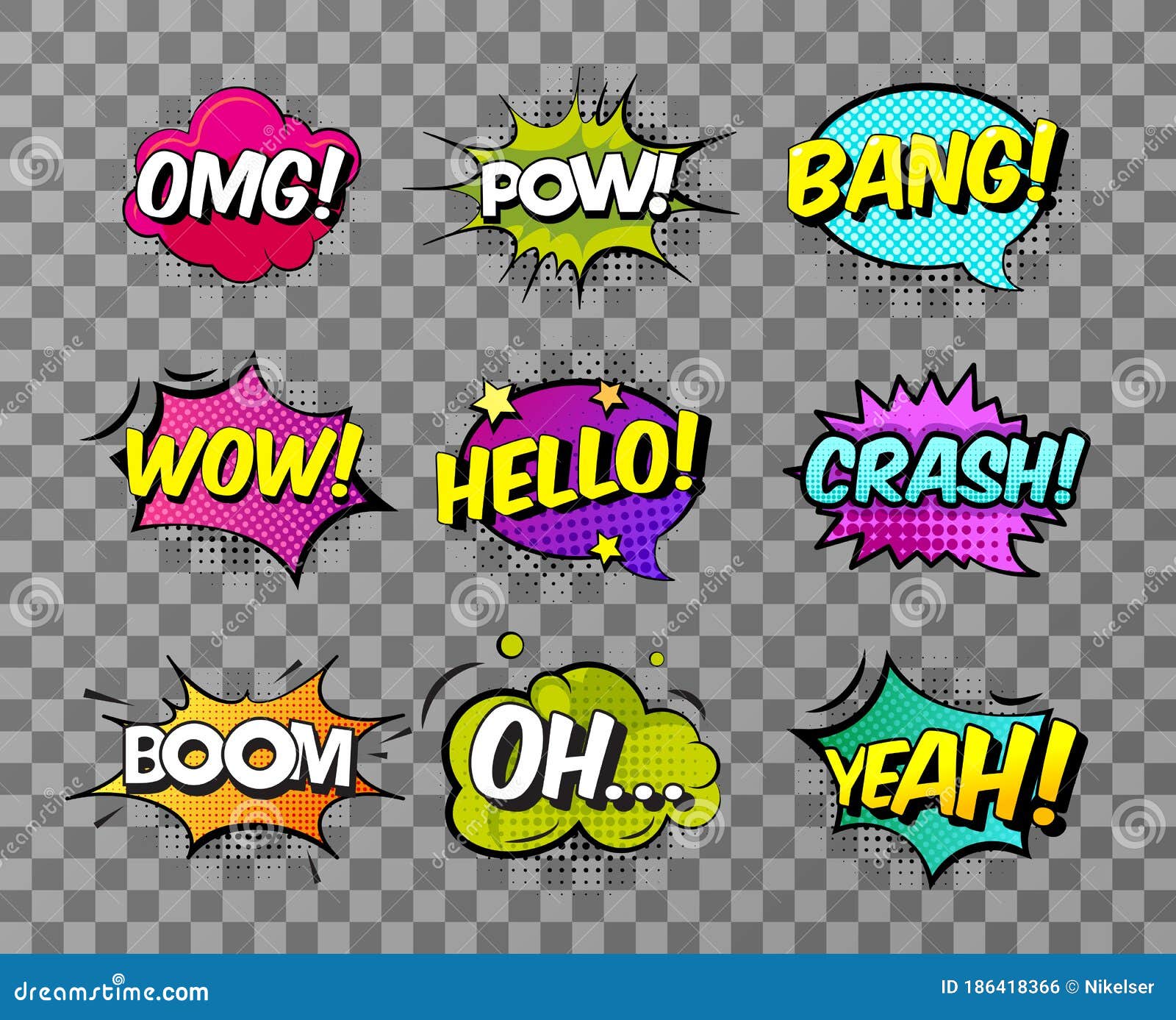 Collection of Nine Multicolored Comic Sound Effects on Transparent ...