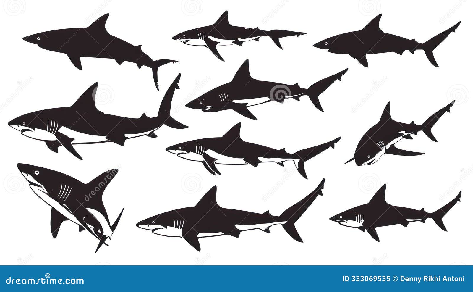 A Collection of Nine Shark Silhouettes in Various Poses Stock ...