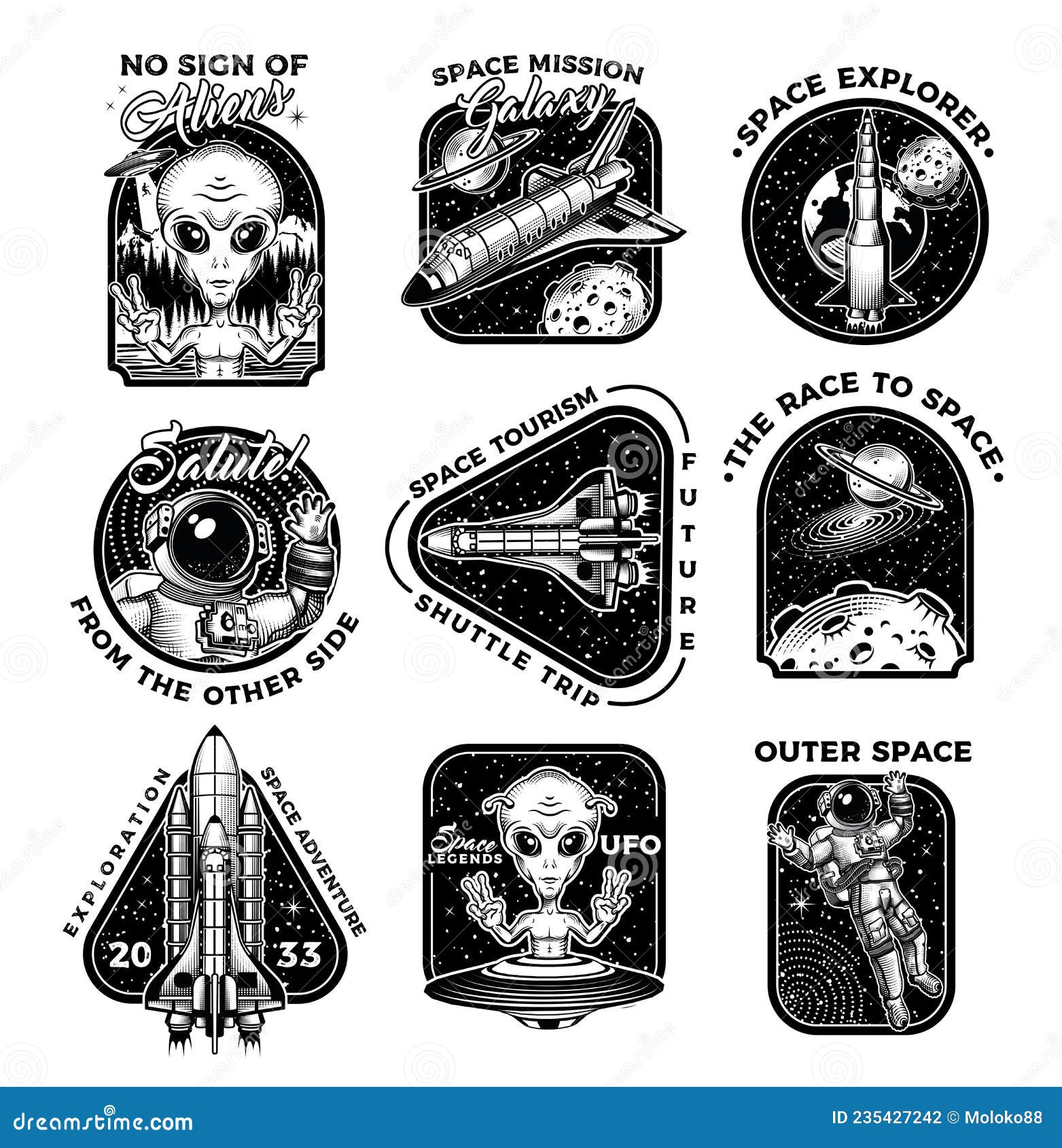 Collection of Nine Space Exploration Logos. Vector Illustration Stock ...