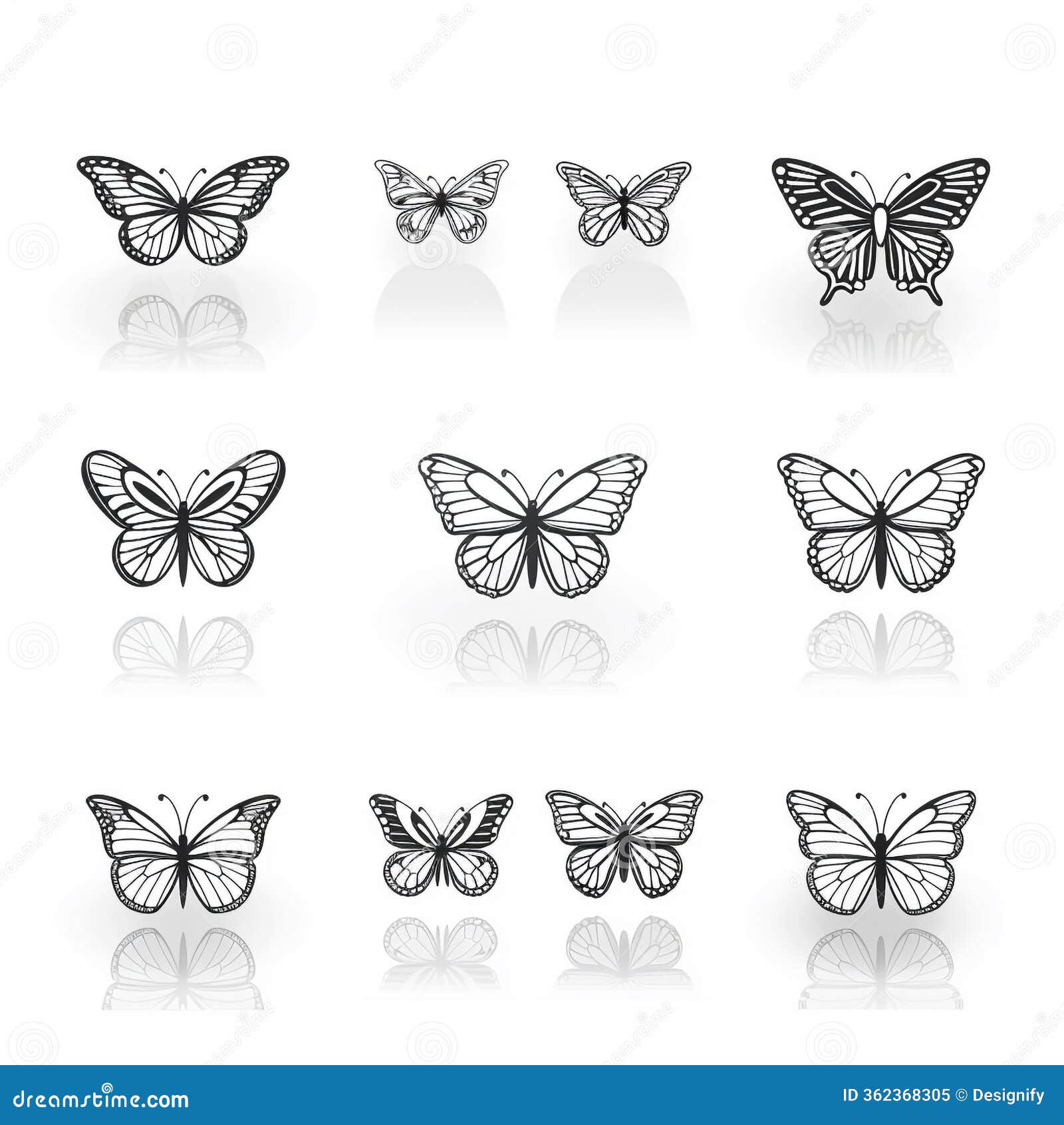 Nine Black and White Butterfly Silhouettes with Reflections Stock ...