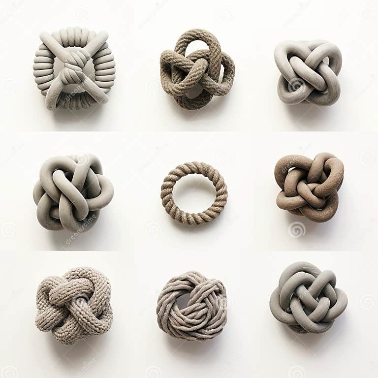 Collection of Nine Unique Decorative Rope Knots Displayed on a Clean ...