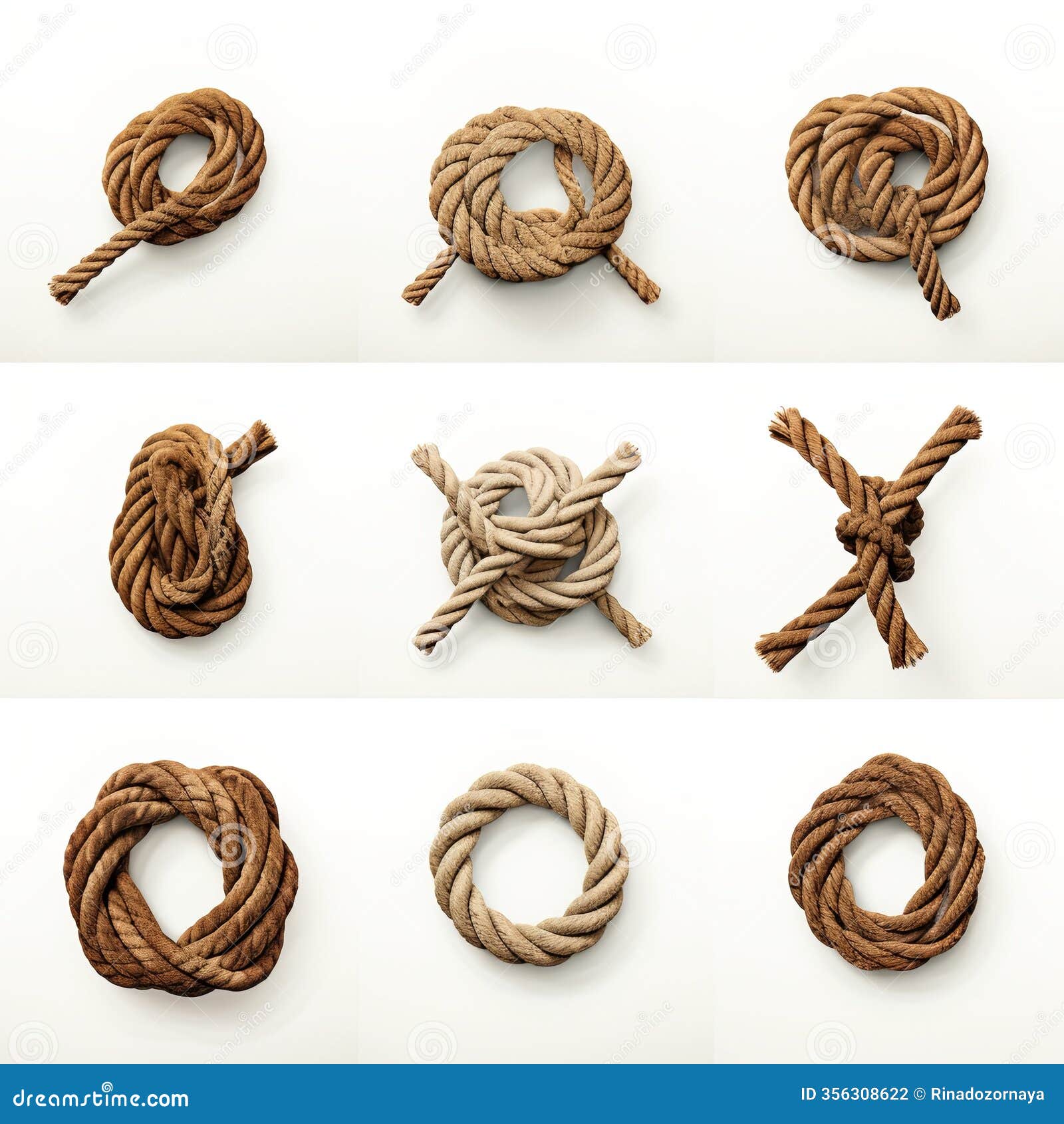 Collection of Nine Unique Decorative Rope Knots Displayed on a Clean ...