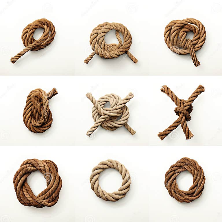 Collection of Nine Unique Decorative Rope Knots Displayed on a Clean ...