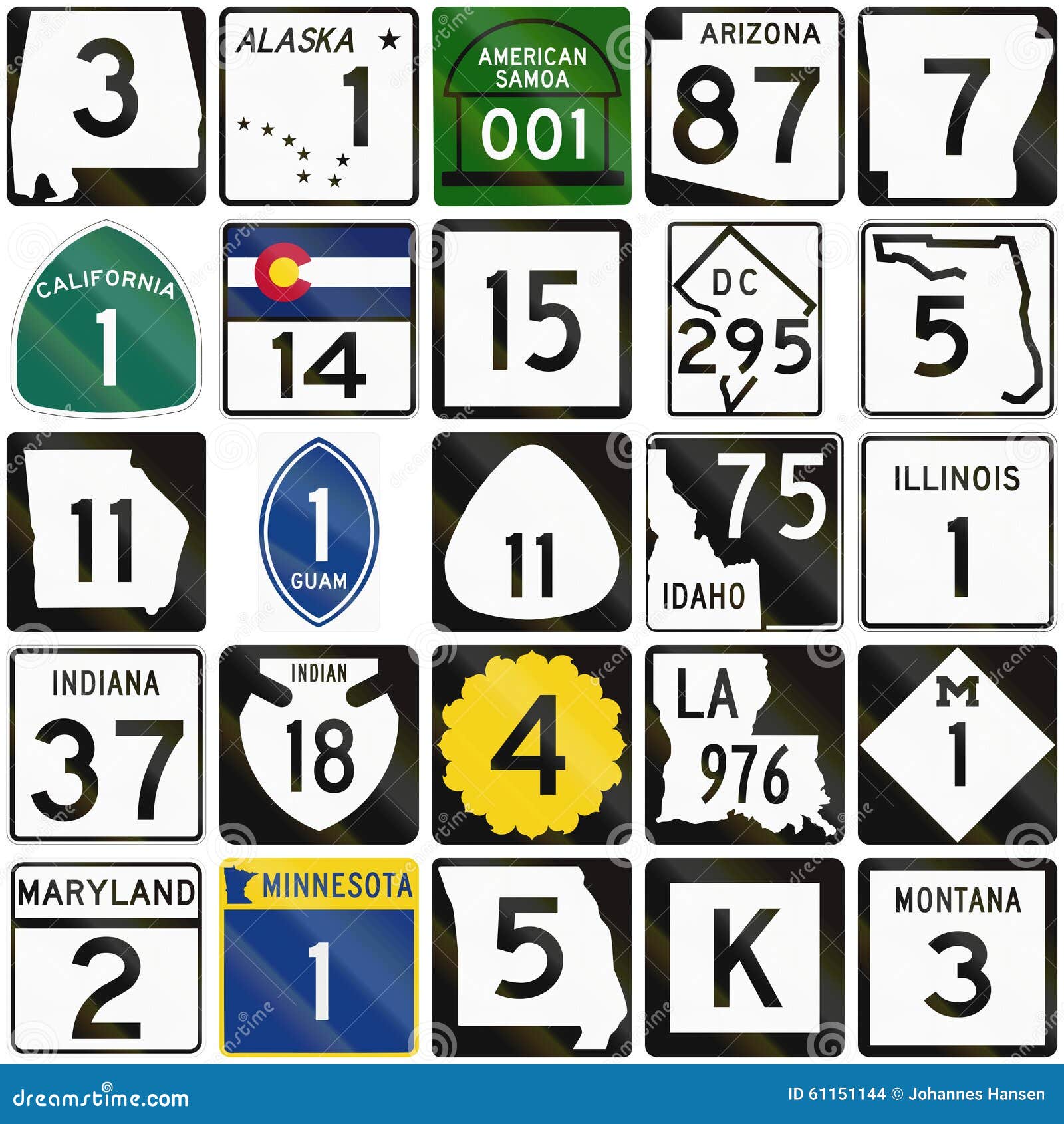 Collection of Numbered Road Signs Used in the USA Stock Illustration ...