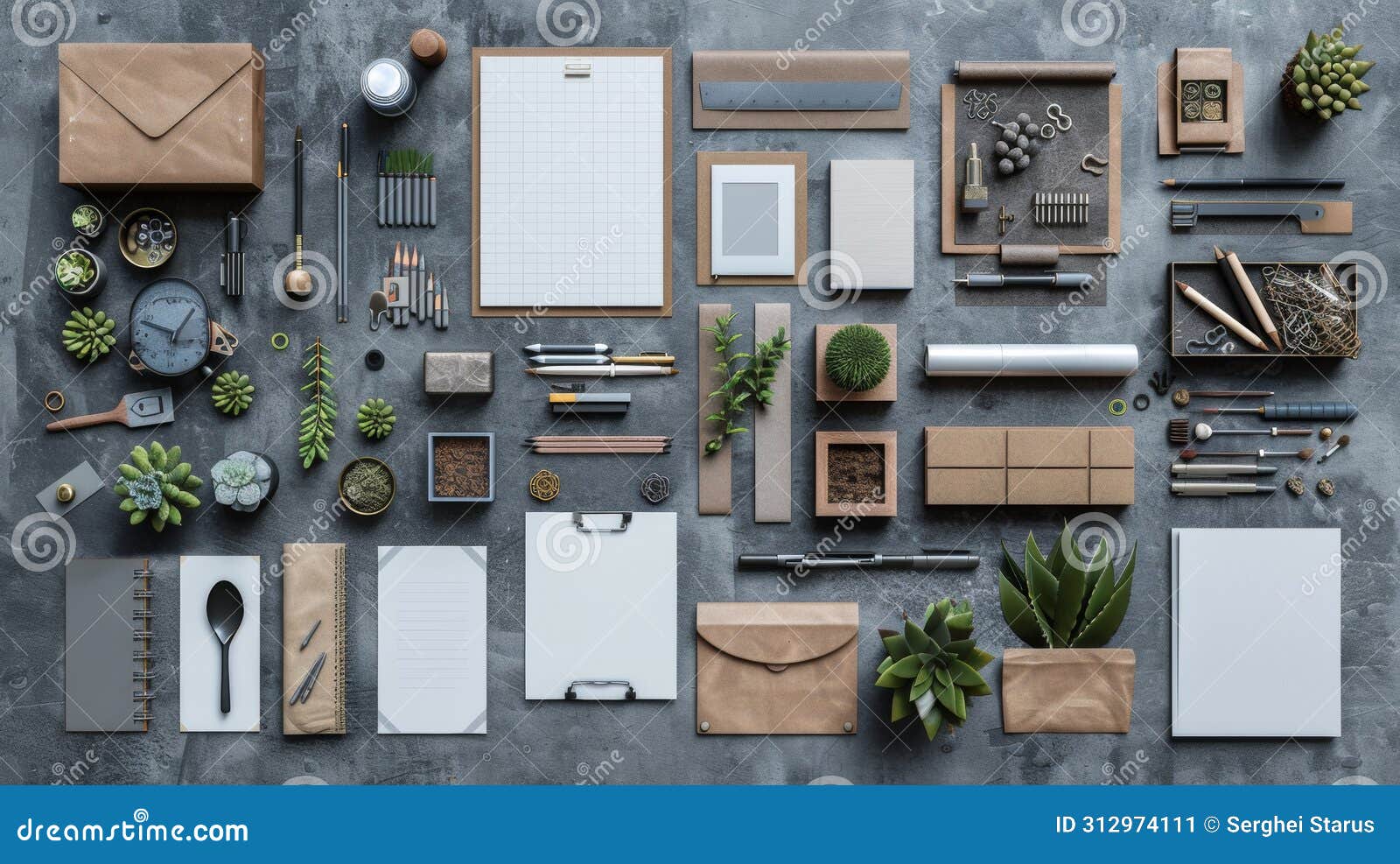 A Collection of Office Supplies Arranged on a Table with Plants, AI ...