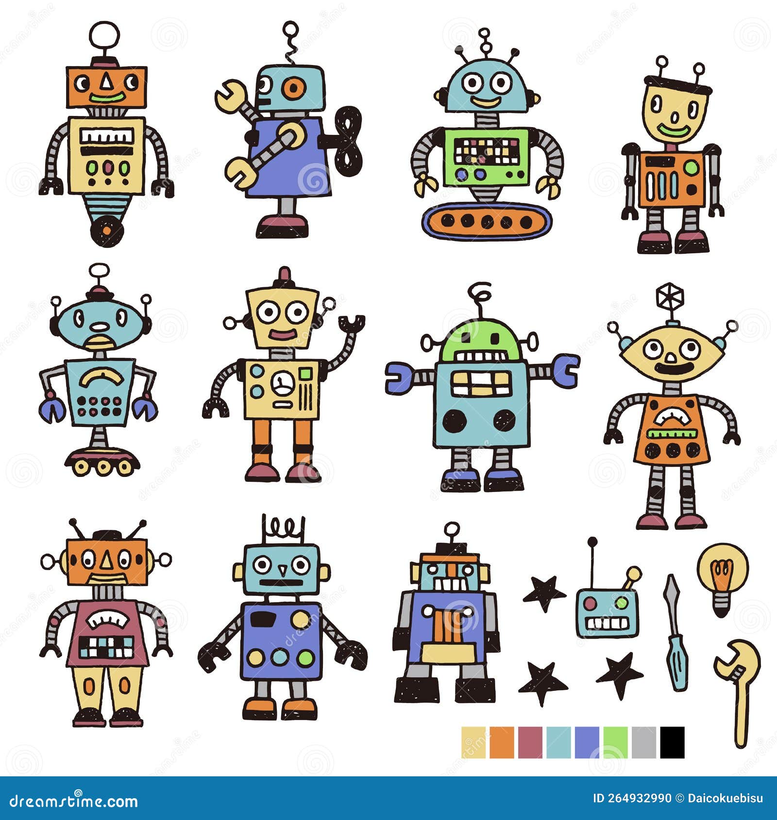 Retro Robot Illustration Material Collection, Stock Vector ...