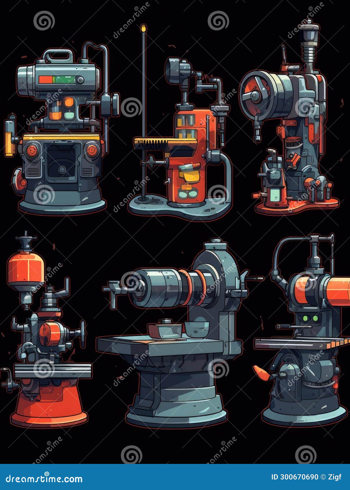 Collection of Old-fashioned Machines, Including Various Types of Tools ...