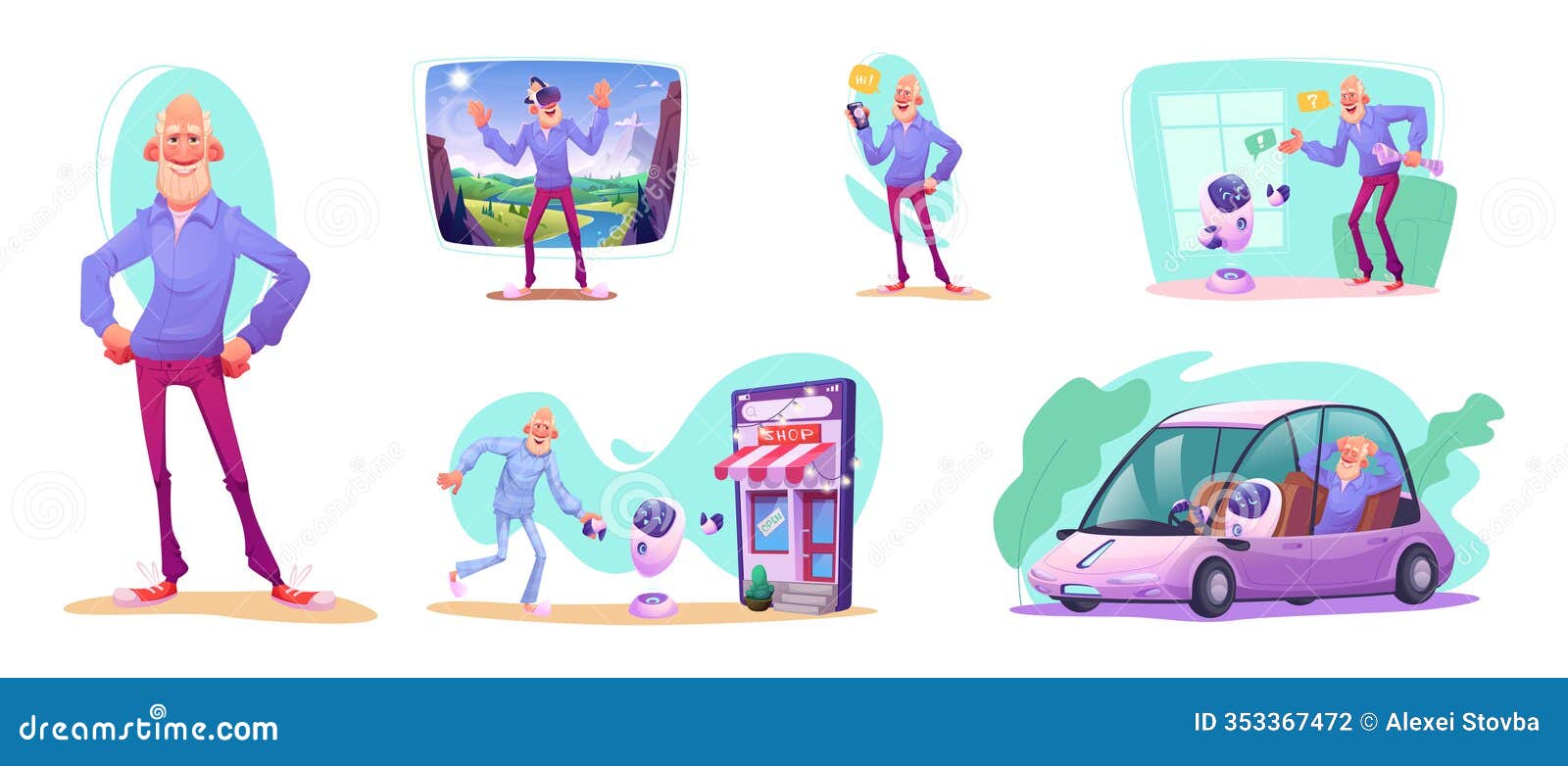 Collection of Old Man Character Interacting with AI Technology and ...