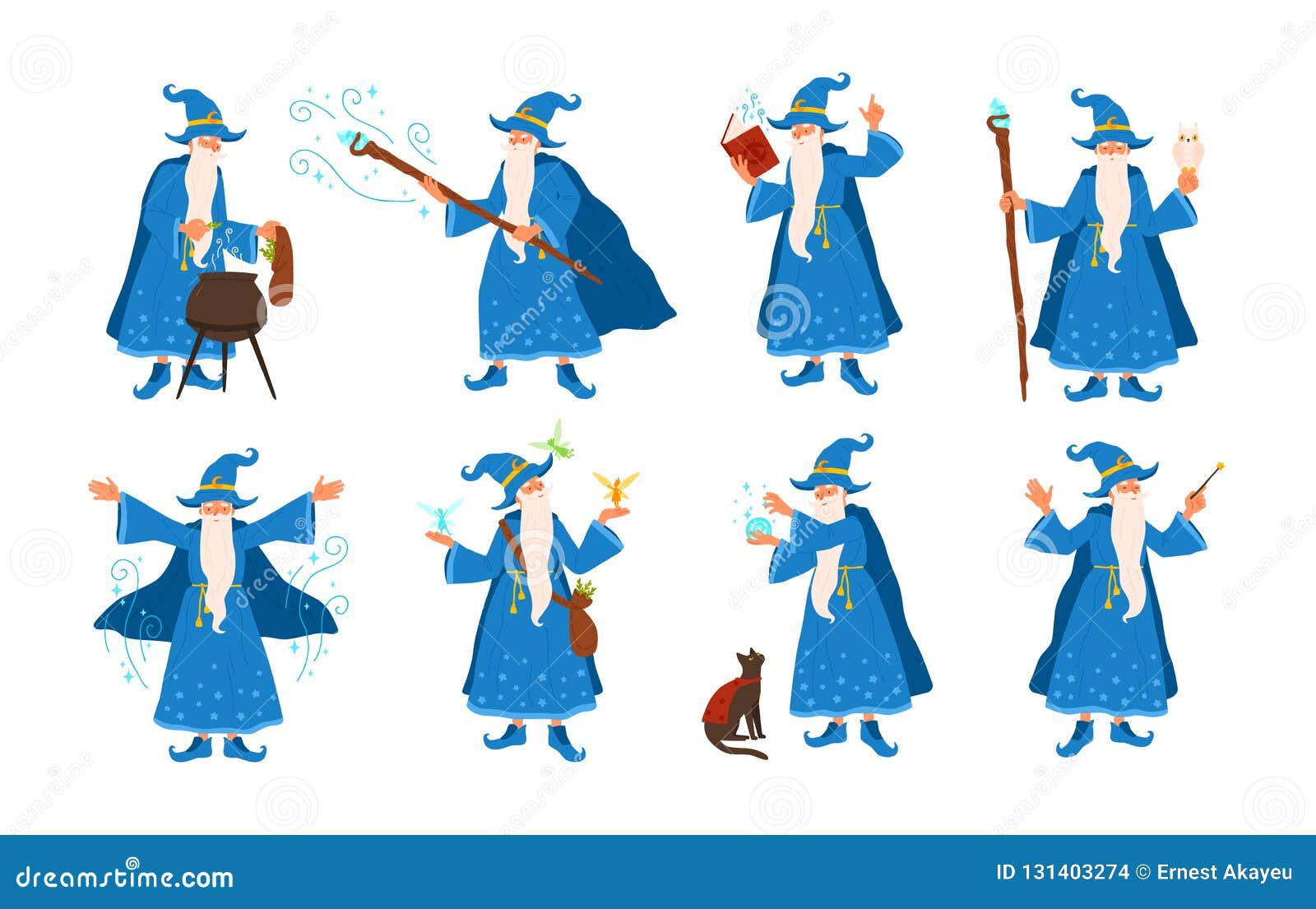 Collection of Old Wizard Making Magic Isolated on White Background ...