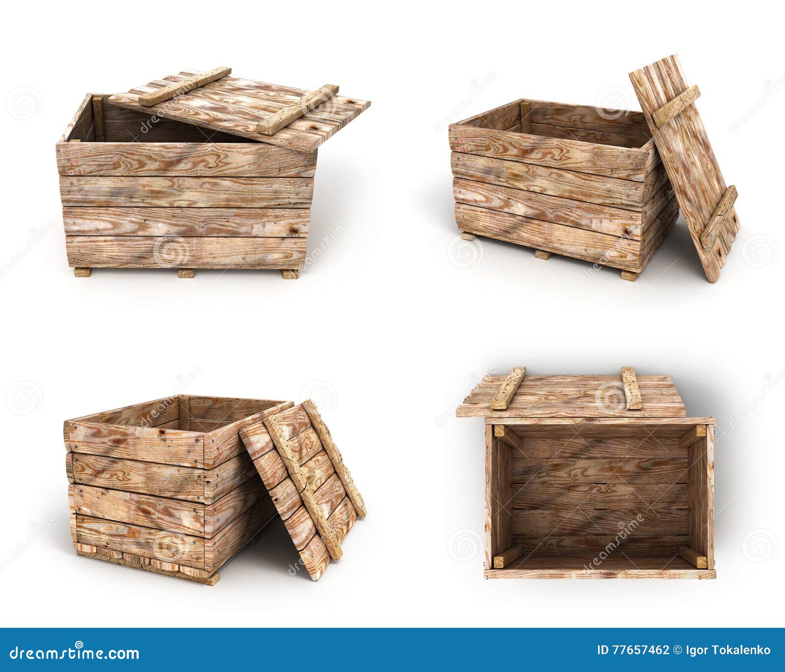 Collection of Old Wooden Box 3d Render on White Background Stock ...