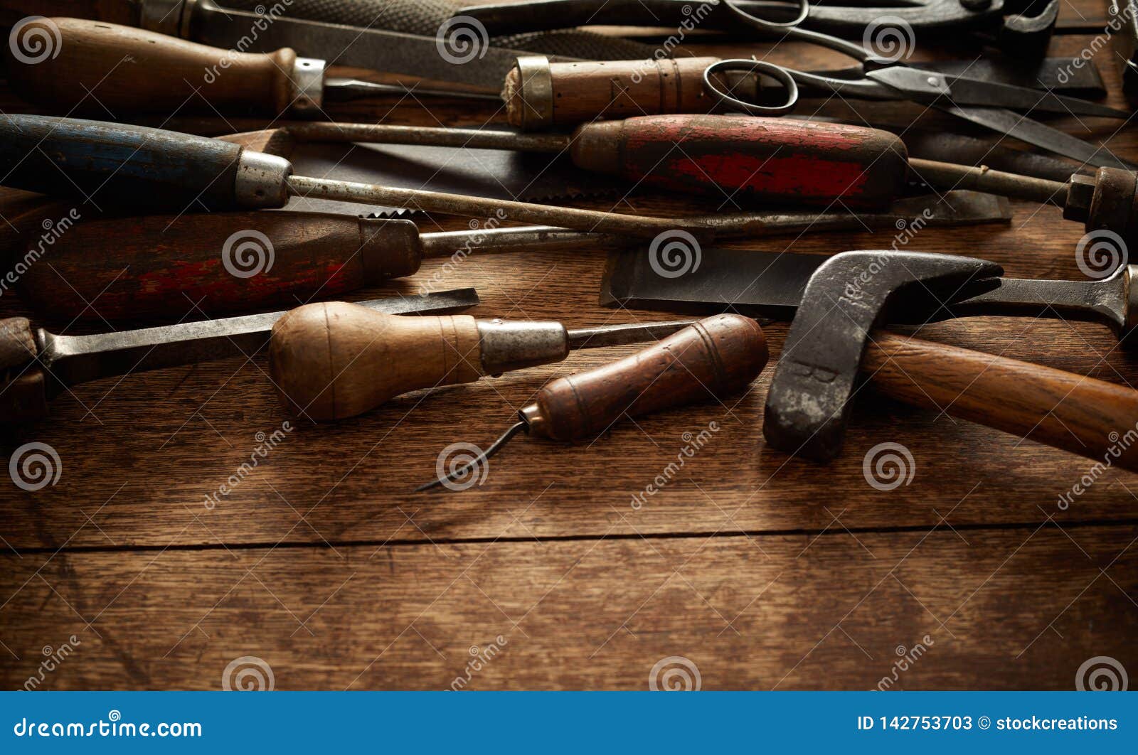 Collection of Old Wooden Handled Tools Stock Image - Image of ...