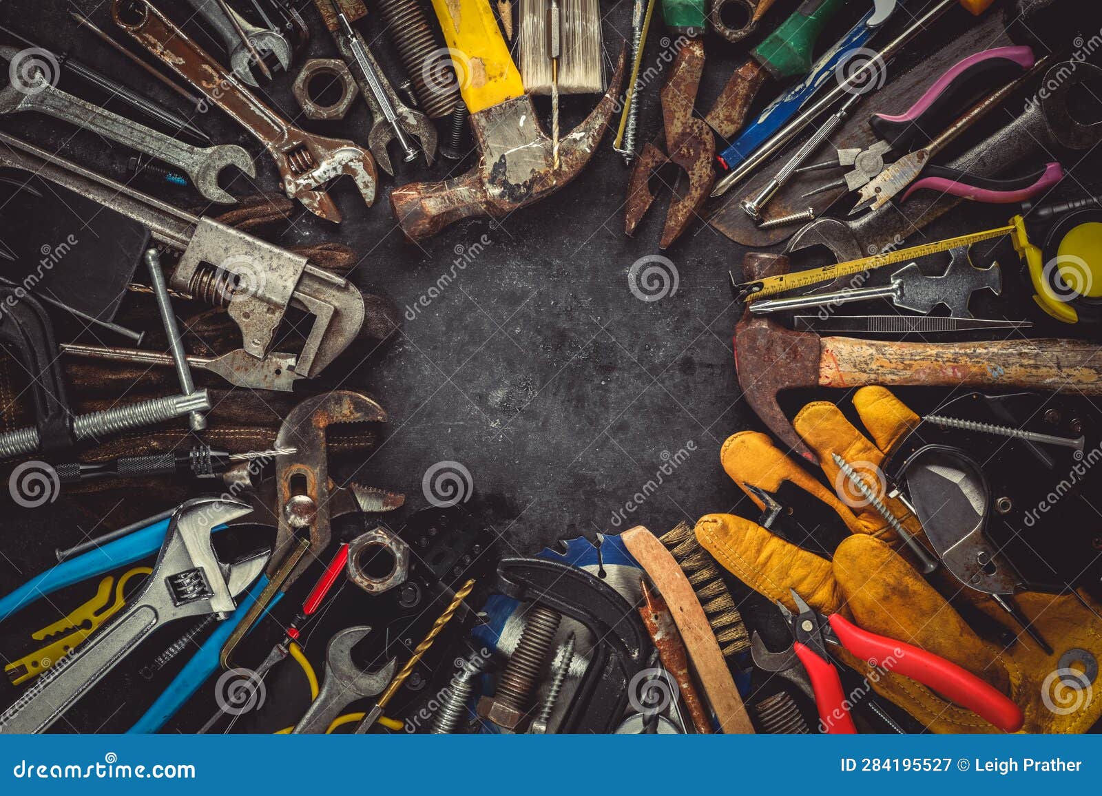 Collection of Old and Worn Work Tools with Blank Copy Space for Text ...