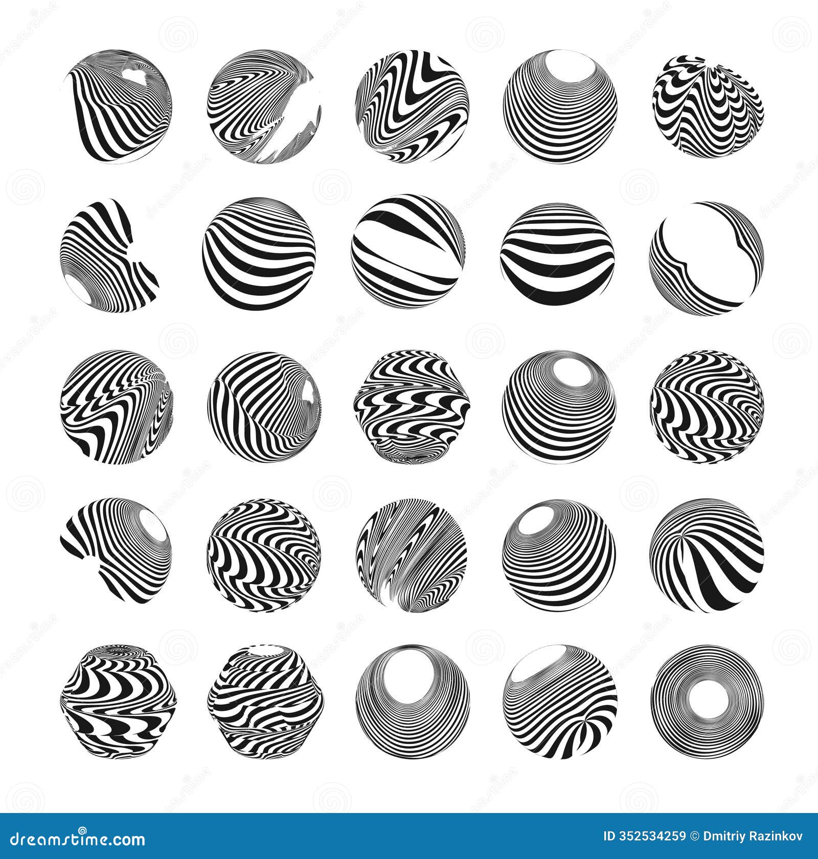 Optical Art Spheres in Black and White Striped Patterns on White ...