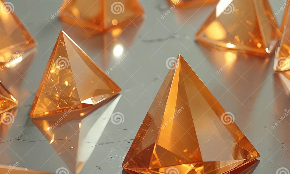 Collection Orange Glass Pyramids Arranged on Reflective Surface, with ...