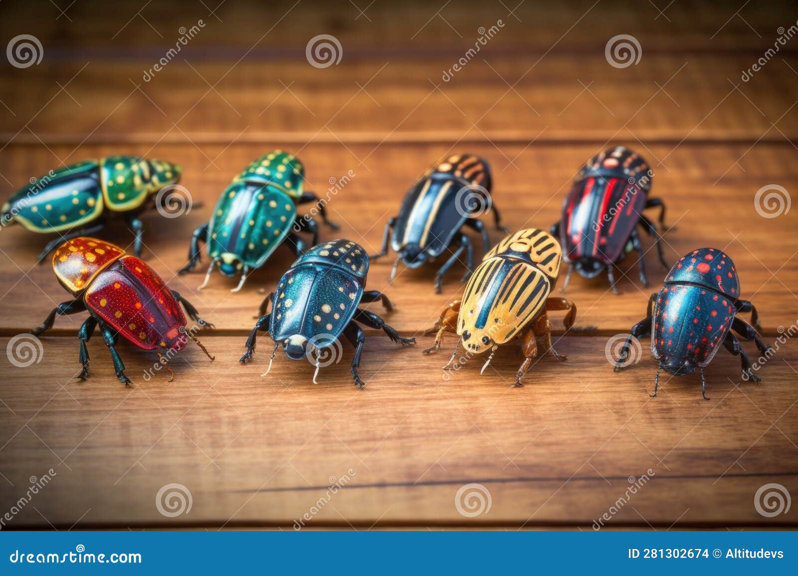 Collection of Patterned Beetles on a Wooden Surface Stock Illustration ...