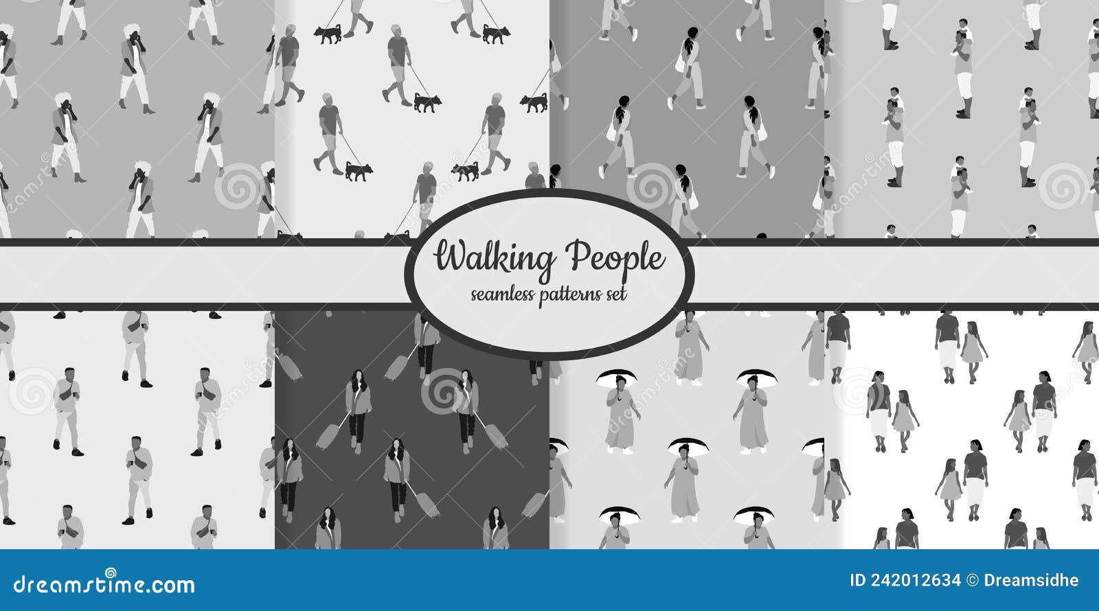 Collection of Patterns with People Walking on the Street Stock Vector ...