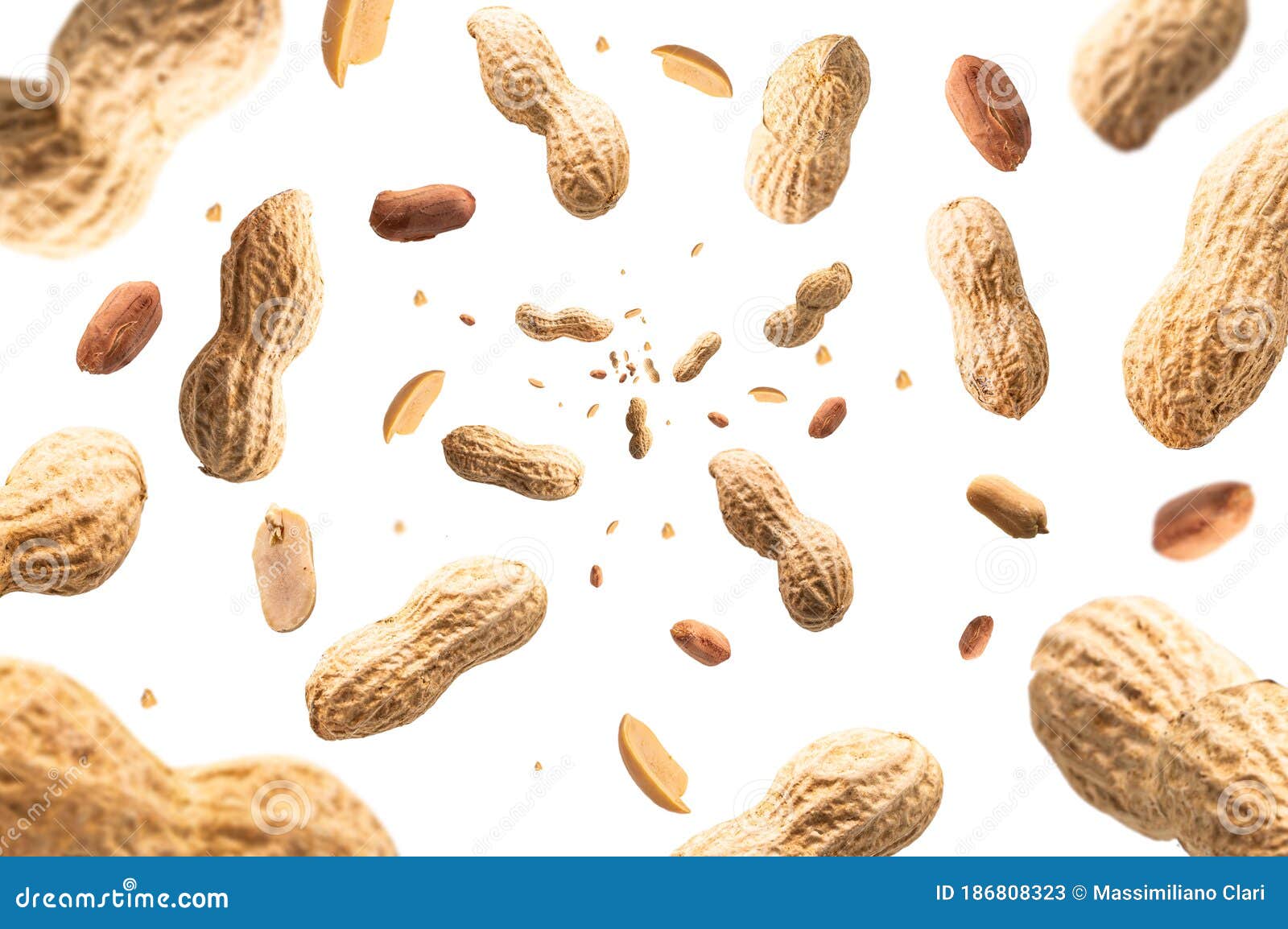 Collection of Peanuts Falling Isolated on White Background. Selective ...