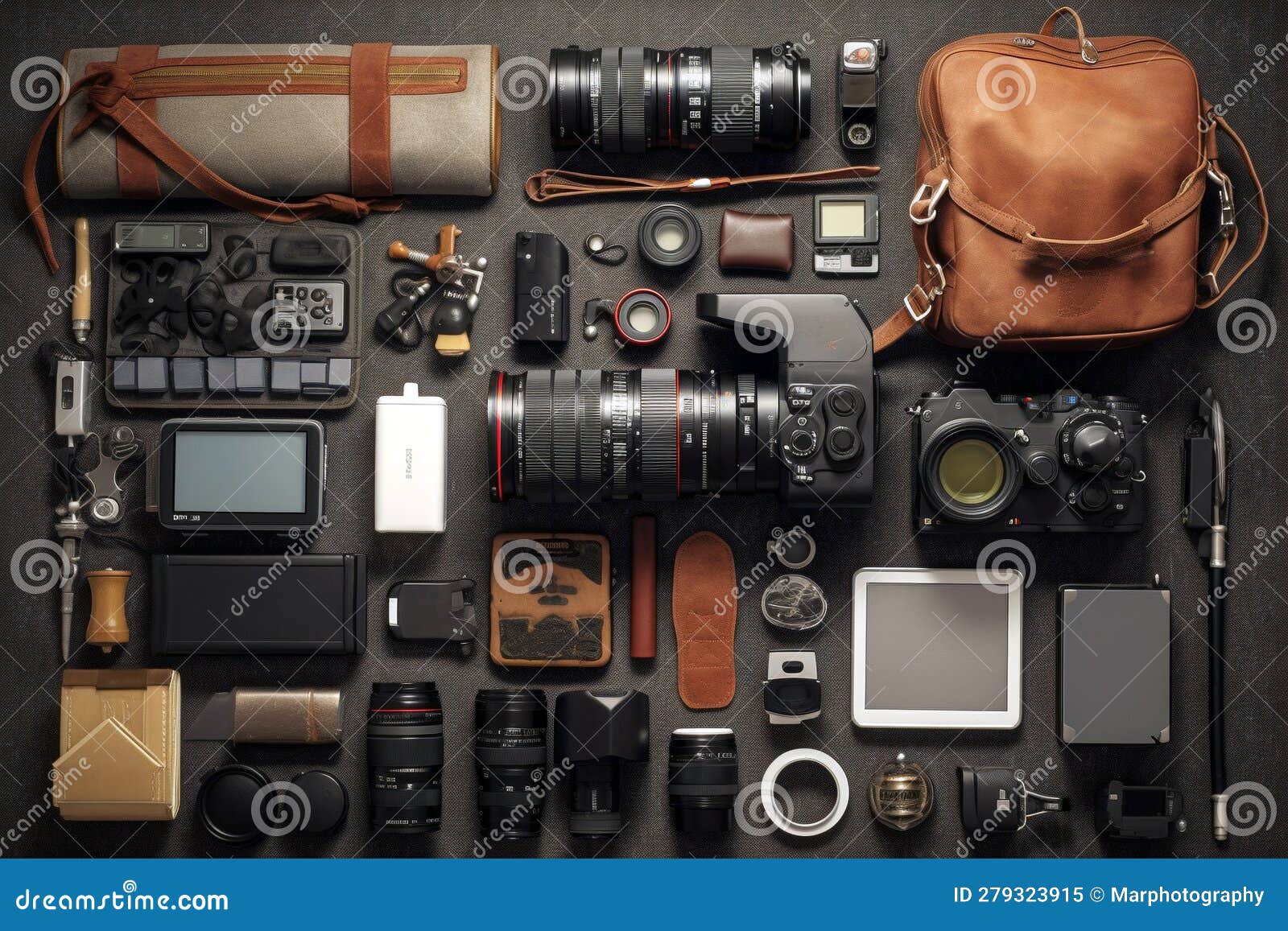 Collection of Photography Tools on a White Background Organized Stock ...