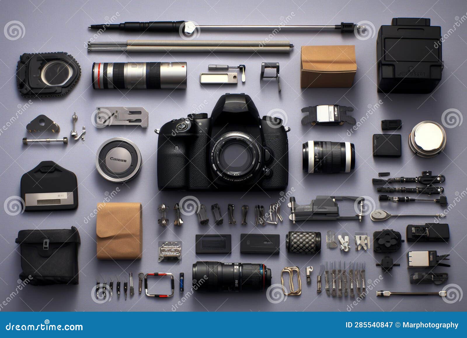 Collection of Photography Tools on a White Background Organized Stock ...