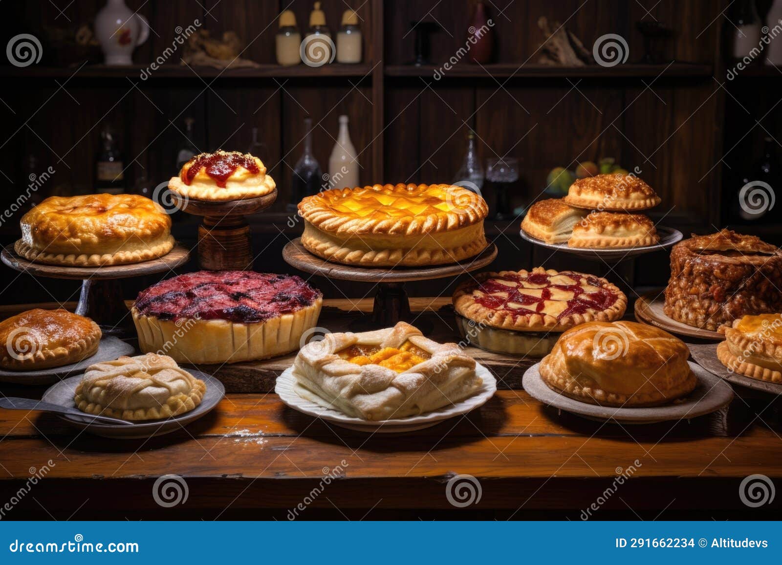 Collection of Pies on a Wooden Table, Various Fillings Visible Stock ...