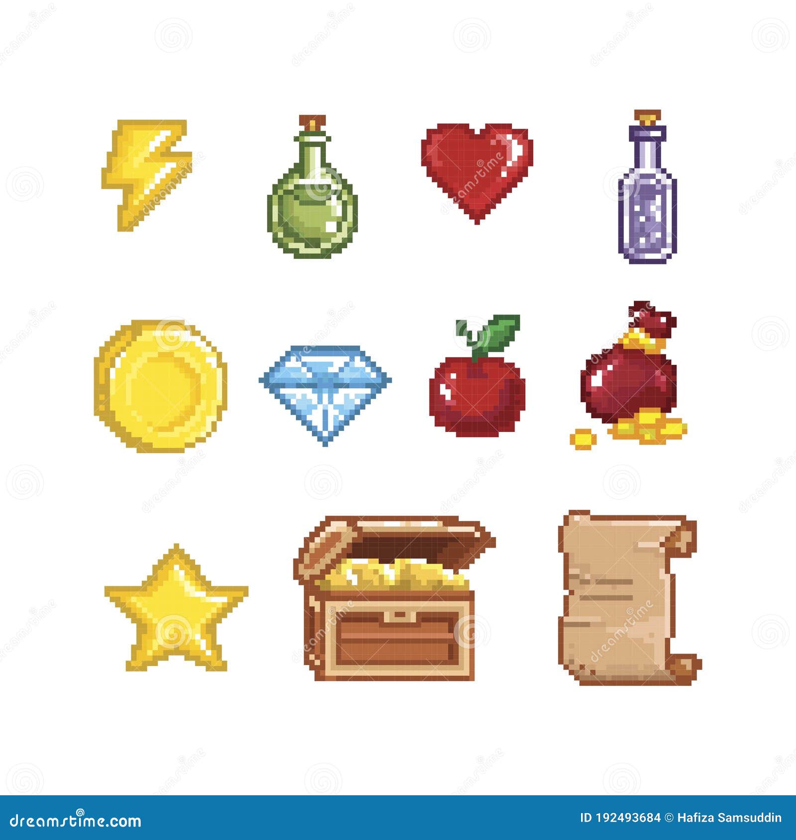Collection of Pixelated Game Items. Vector Illustration Decorative ...