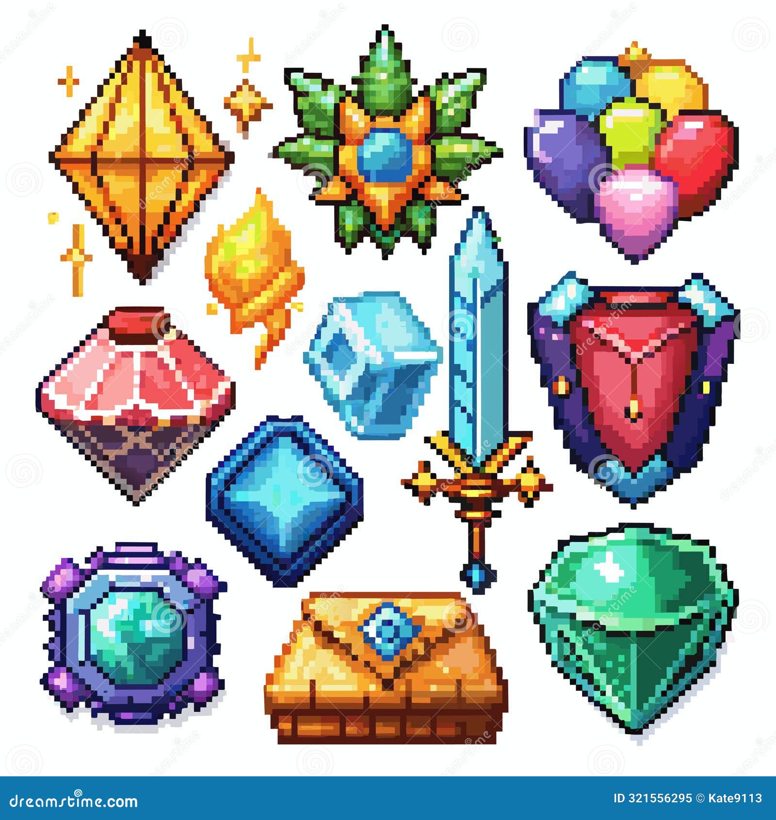 A Collection of Pixelated Objects, Including a Heart, a Key, a Sword ...