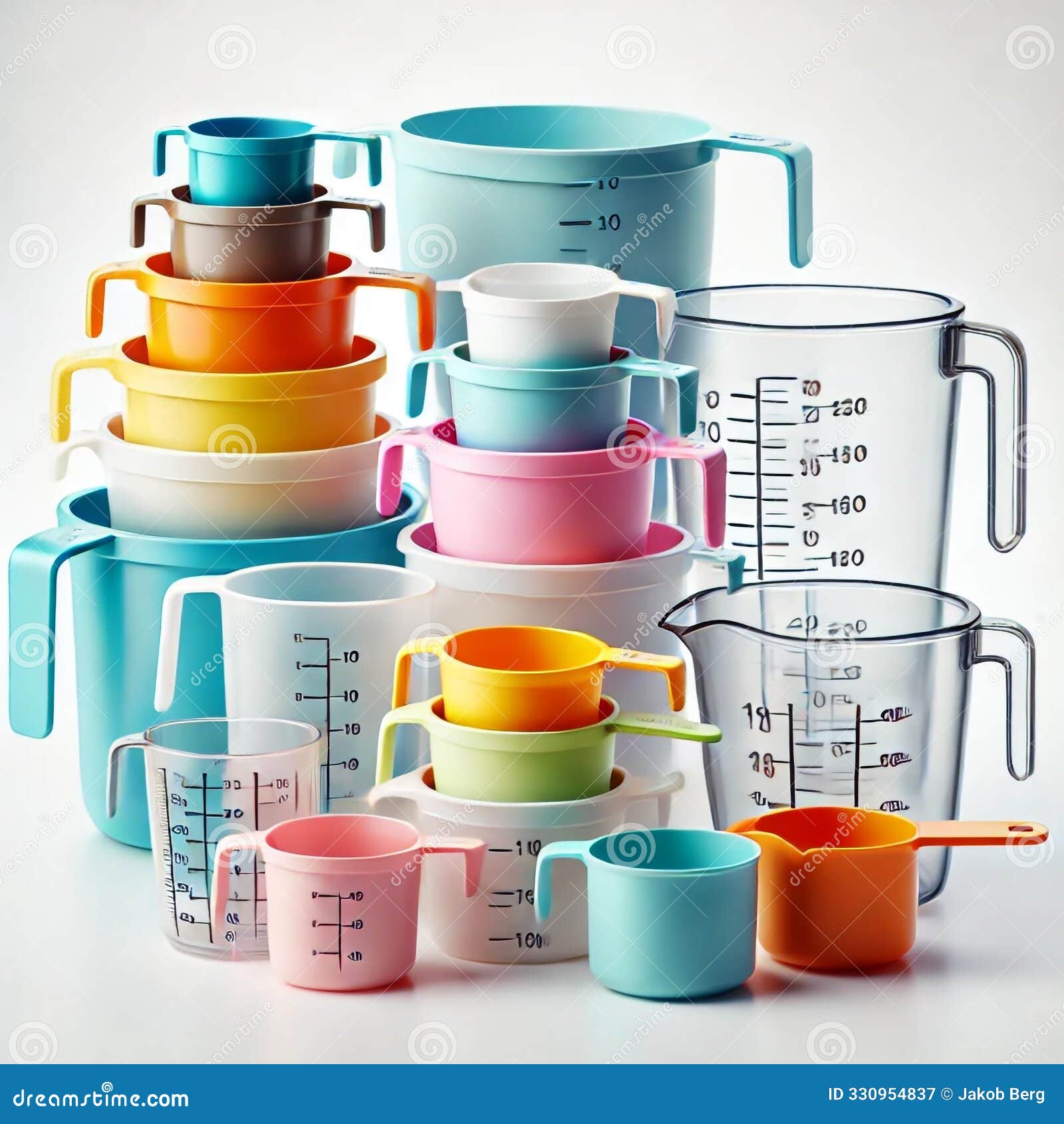 A Collection of Plastic Measuring Cups and Pitchers in Various Colors ...