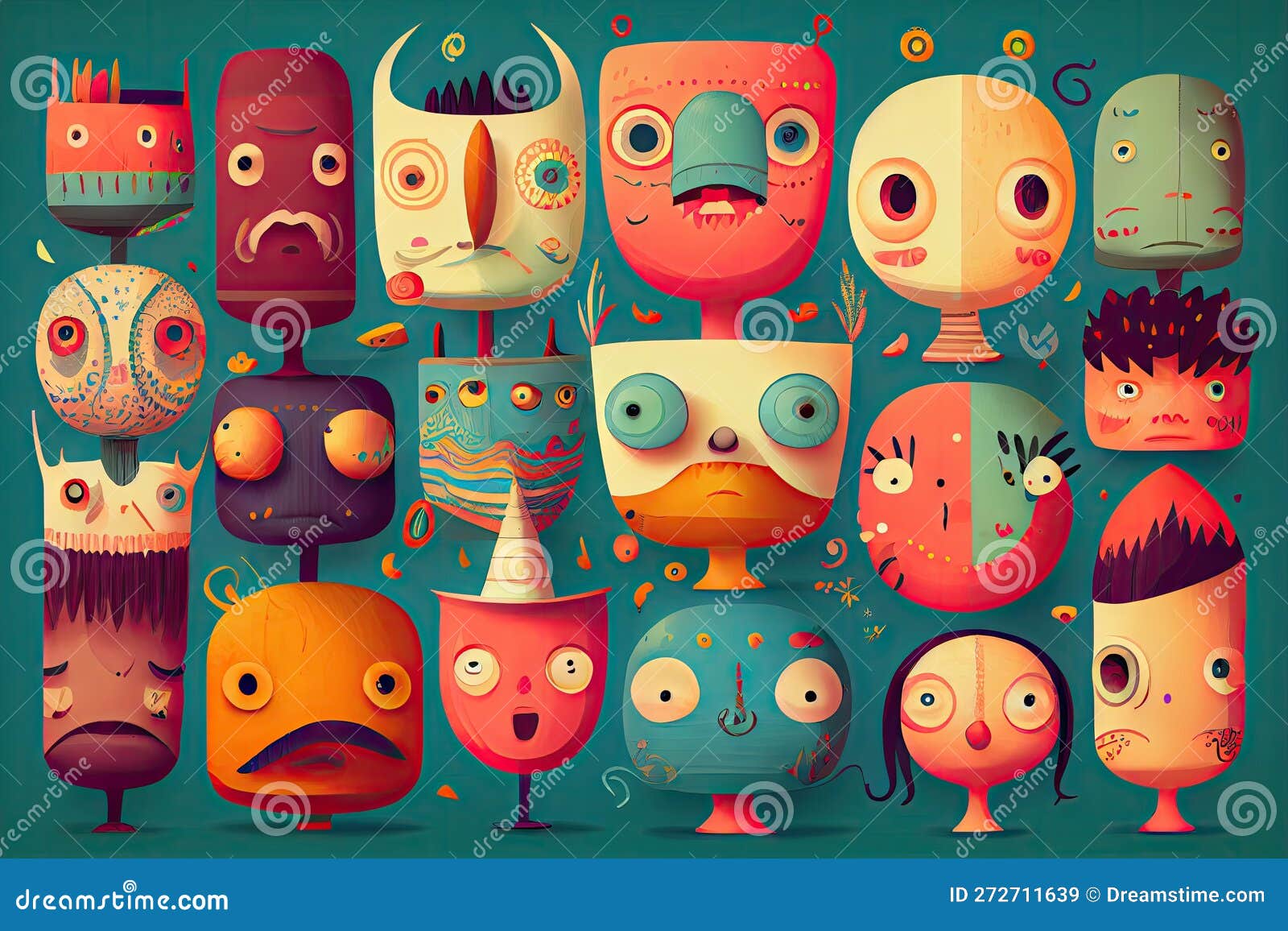 Collection of Playful, Whimsical Faces with Exaggerated Features and ...