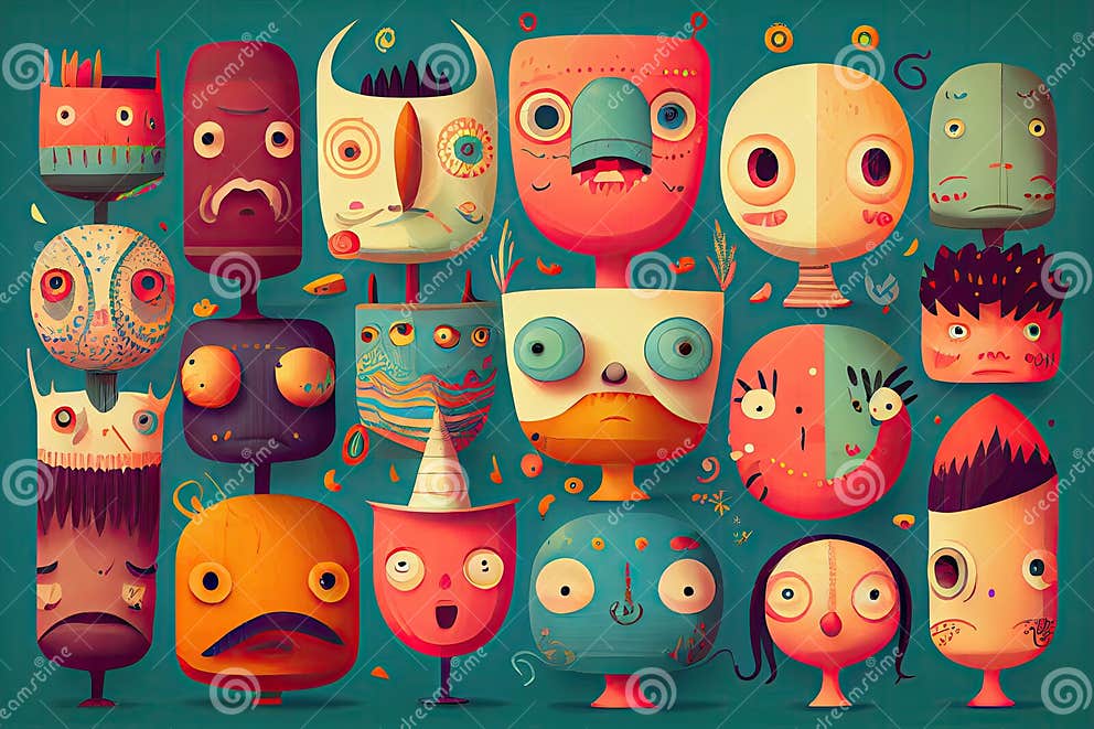 Collection of Playful, Whimsical Faces with Exaggerated Features and ...