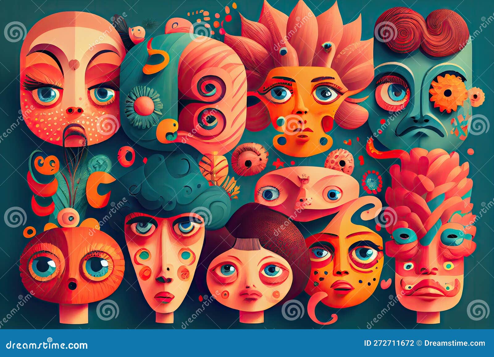 Collection of Playful, Whimsical Faces with Exaggerated Features and ...