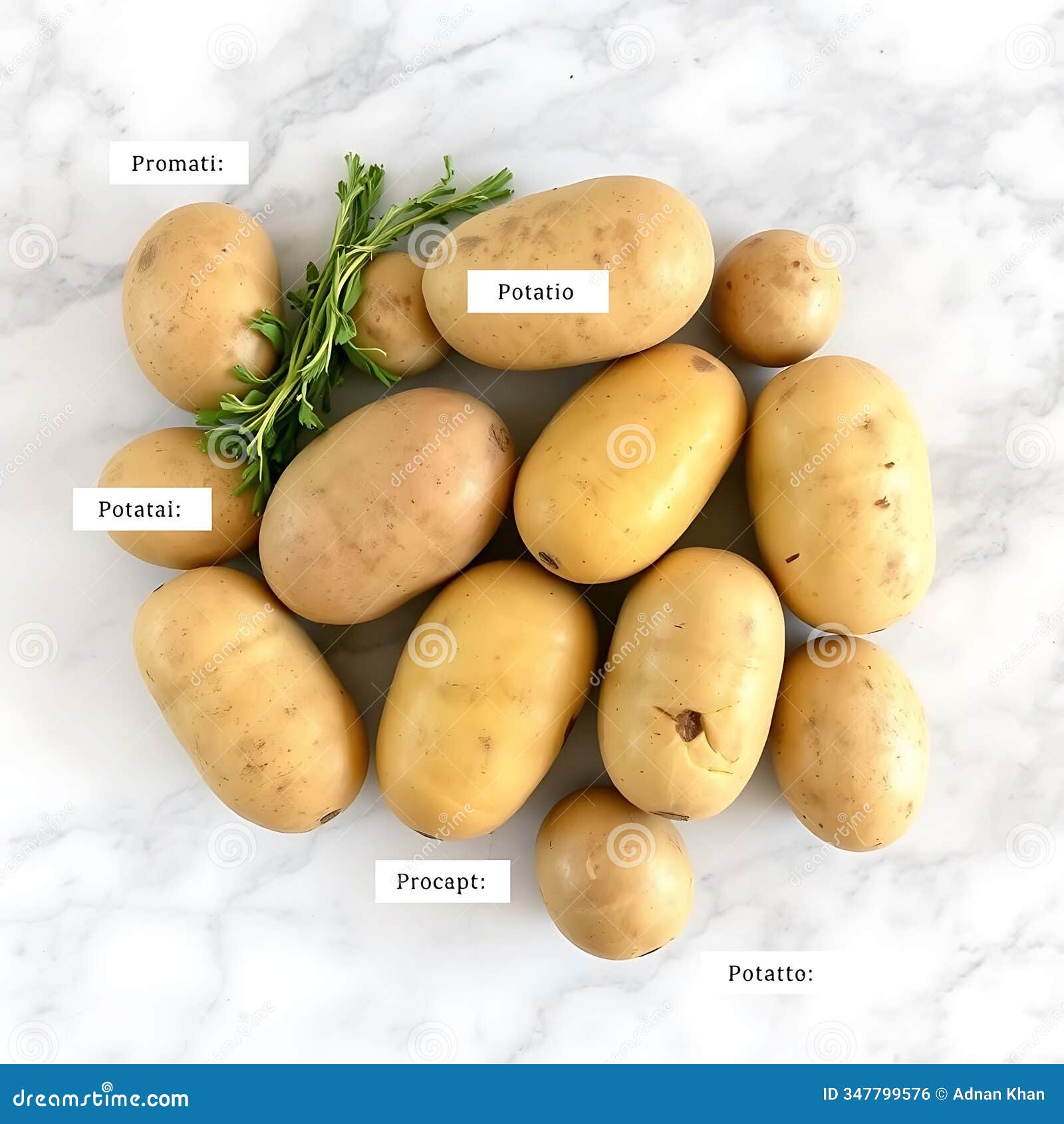A Collection of Potato Varieties on a Marble Countertop Each Labeled ...