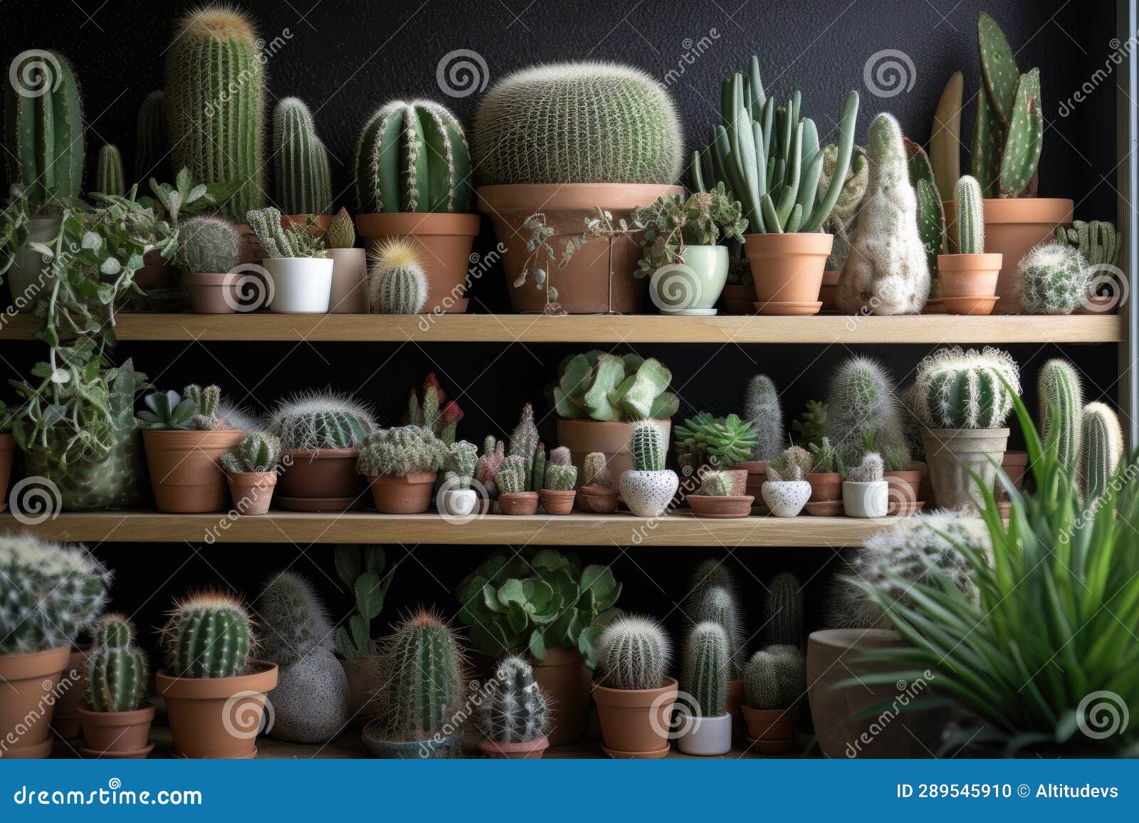 Collection of Potted Cactus Species on a Shelf Stock Photo - Image of ...