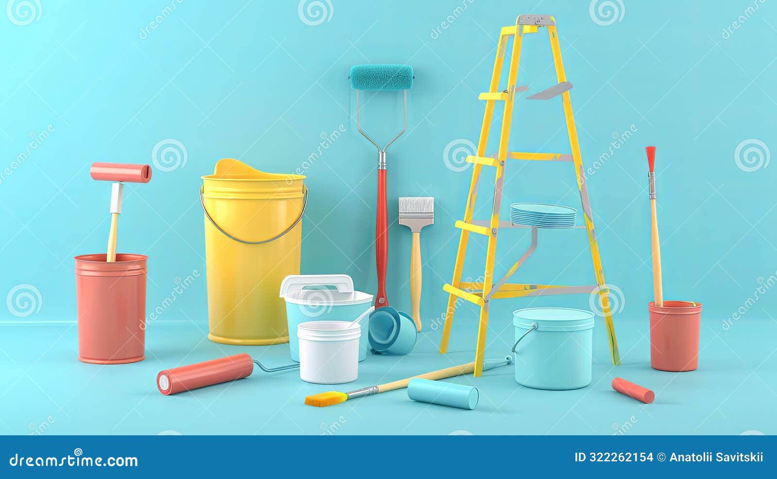 A Collection of Professional Painting Tools, Including Rollers, Brushes ...