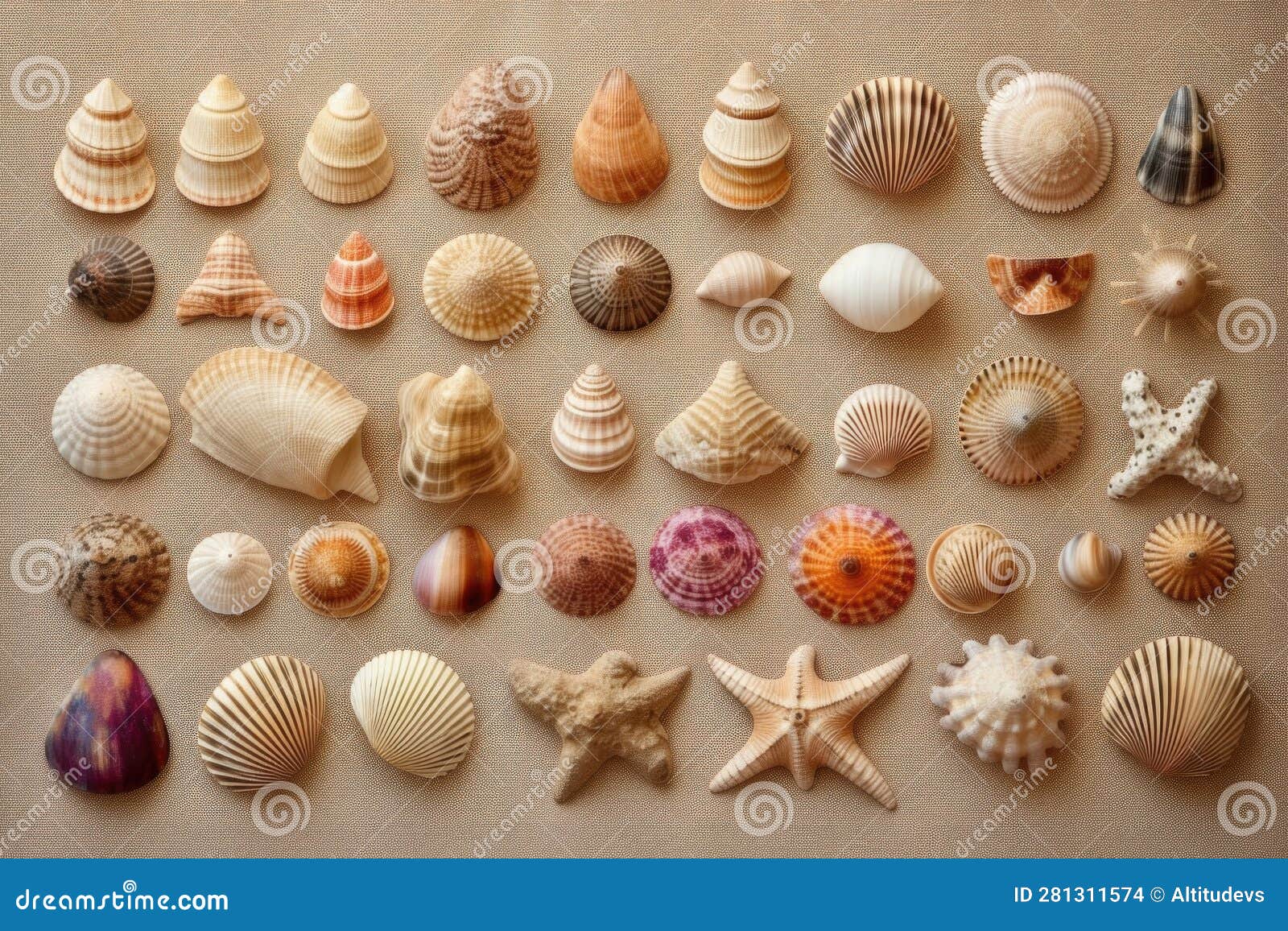 Collection of Rare Seashells on a Sandy Background Stock Illustration ...