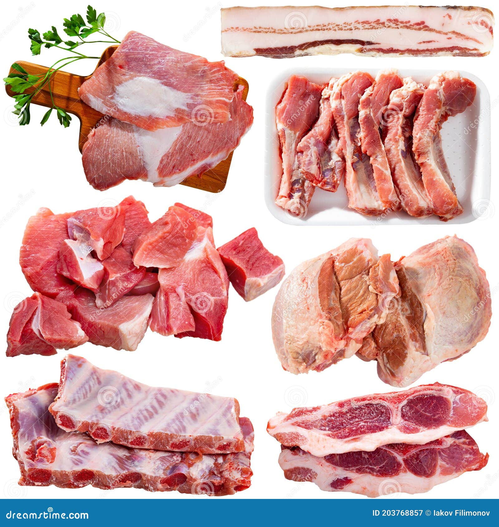Collection of Raw Pork Meat Isolated on White Stock Image - Image of ...