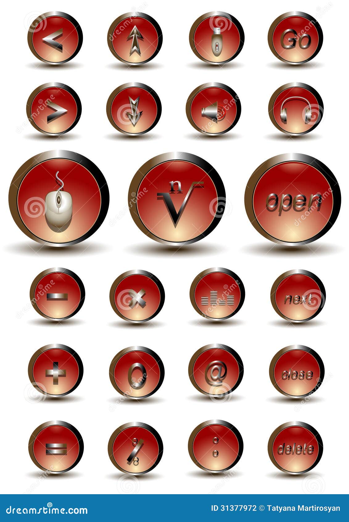 Collection of Red Glossy Buttons with Web and Mathematical Symbols ...