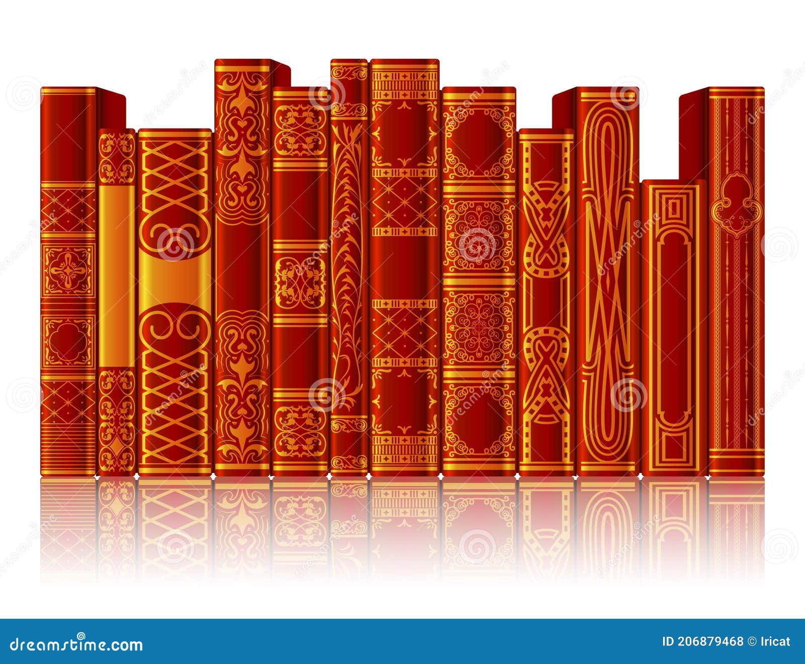 Collection of Red and Gold Books with Reflection Isolated on White ...