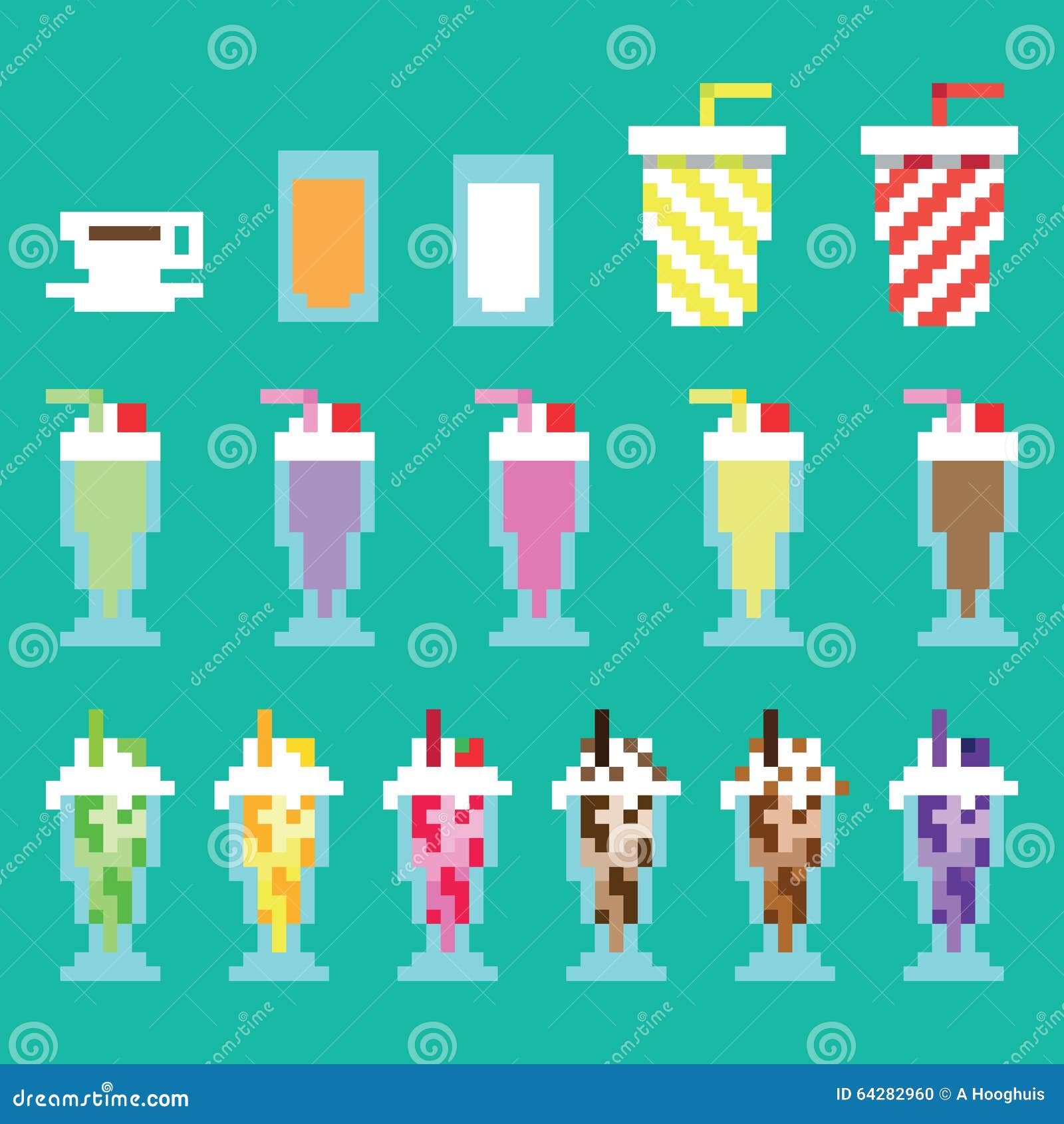 Collection Retro, Pixel Milkshakes, Drinks, Beverages in Vector Stock ... Collection Retro, Pixel Milkshakes, Drinks, Beverages in Vector Stock ...