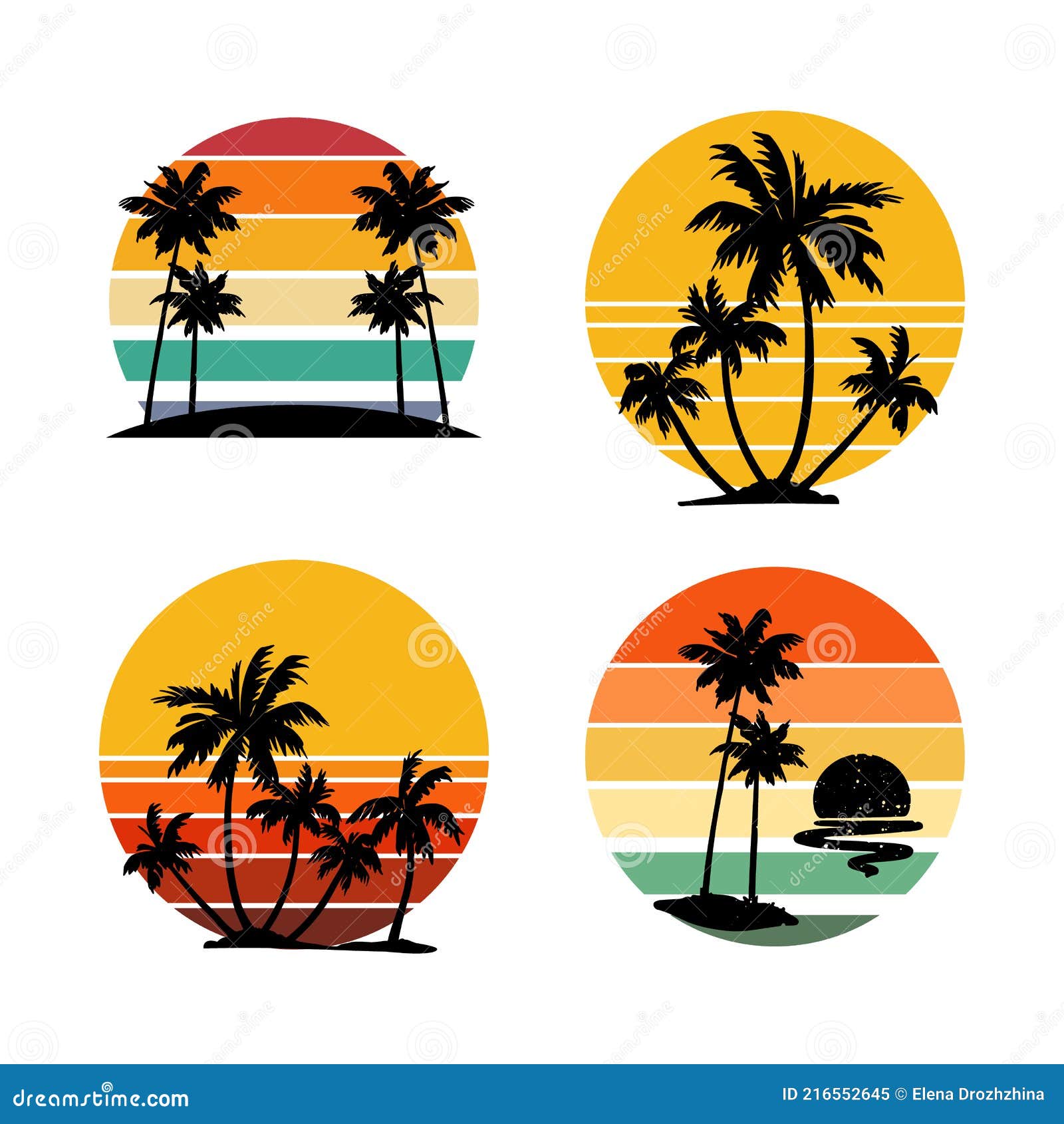 Retro Sunsets Collection In 80-90s Style With Grunge Texture Vector ...
