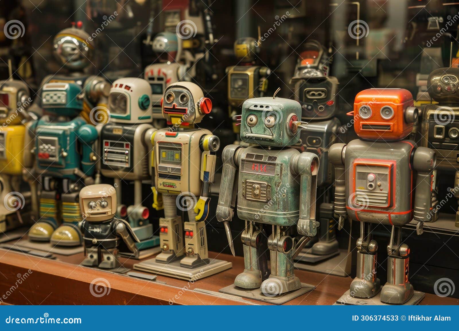 A Collection of Robot Figurines Arranged Together on a Shelf, Creating ...