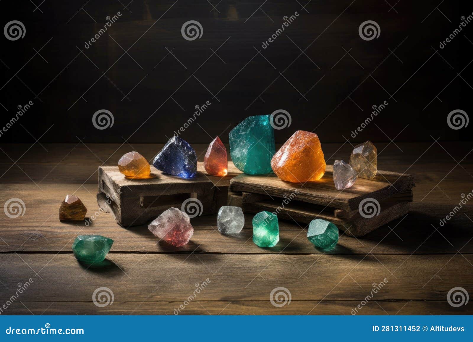 Collection of Rough, Gemstones on a Wooden Table Stock Illustration ...