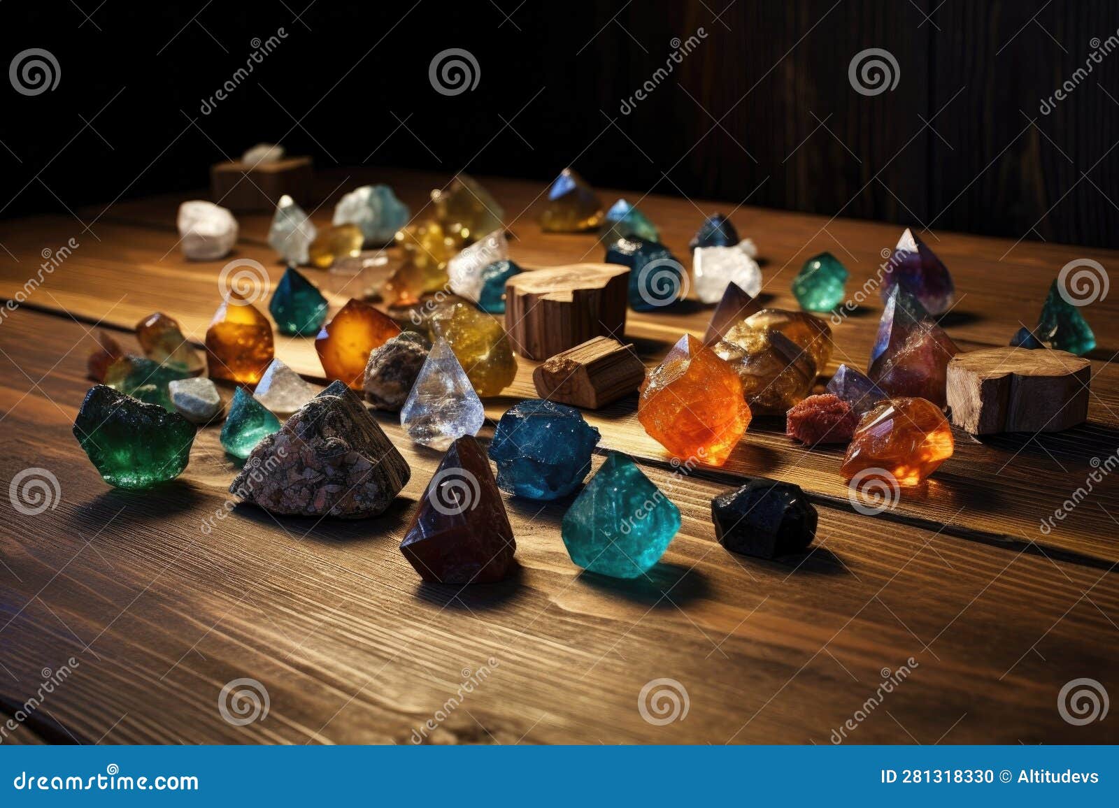Collection of Rough, Gemstones on a Wooden Table Stock Illustration ...