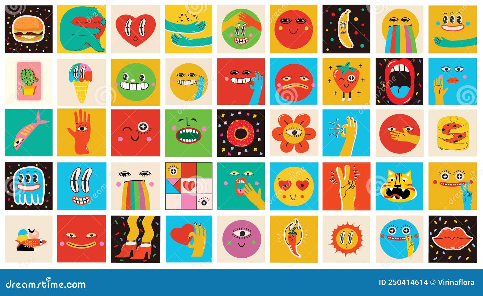 Collection of Round Abstract Comic Faces with Various Emotions. Crazy ...