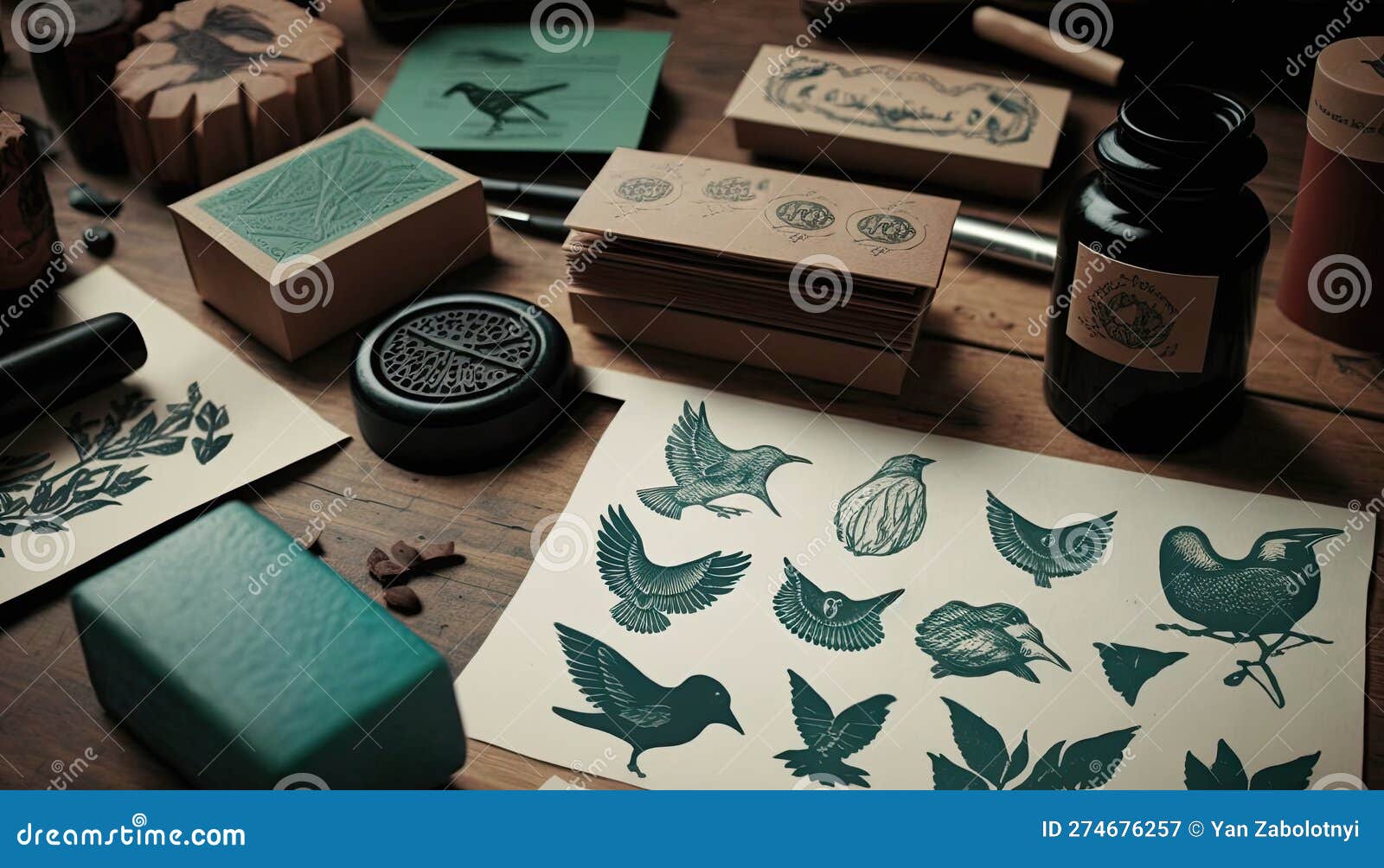 A Collection of Rubber Stamps and Ink Pads on a Shelf. Generative AI ...