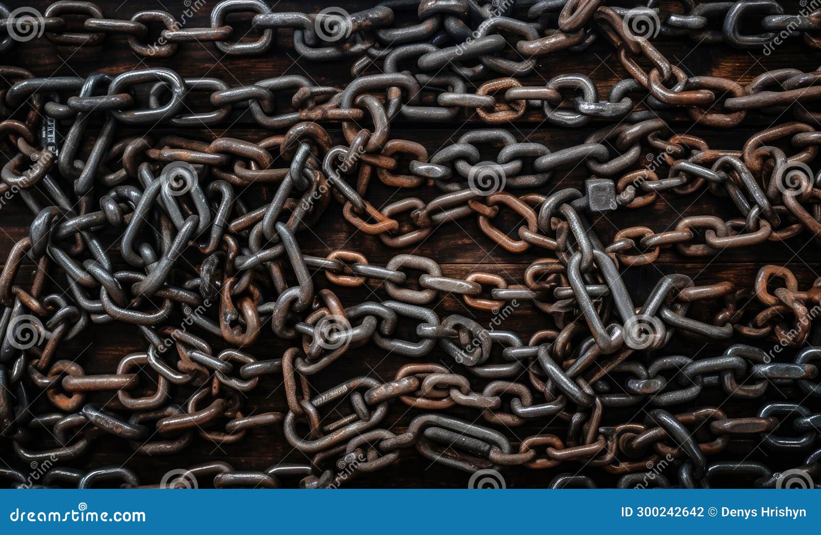 A Collection of Rustic Chains Resting on a Wooden Table Stock ...