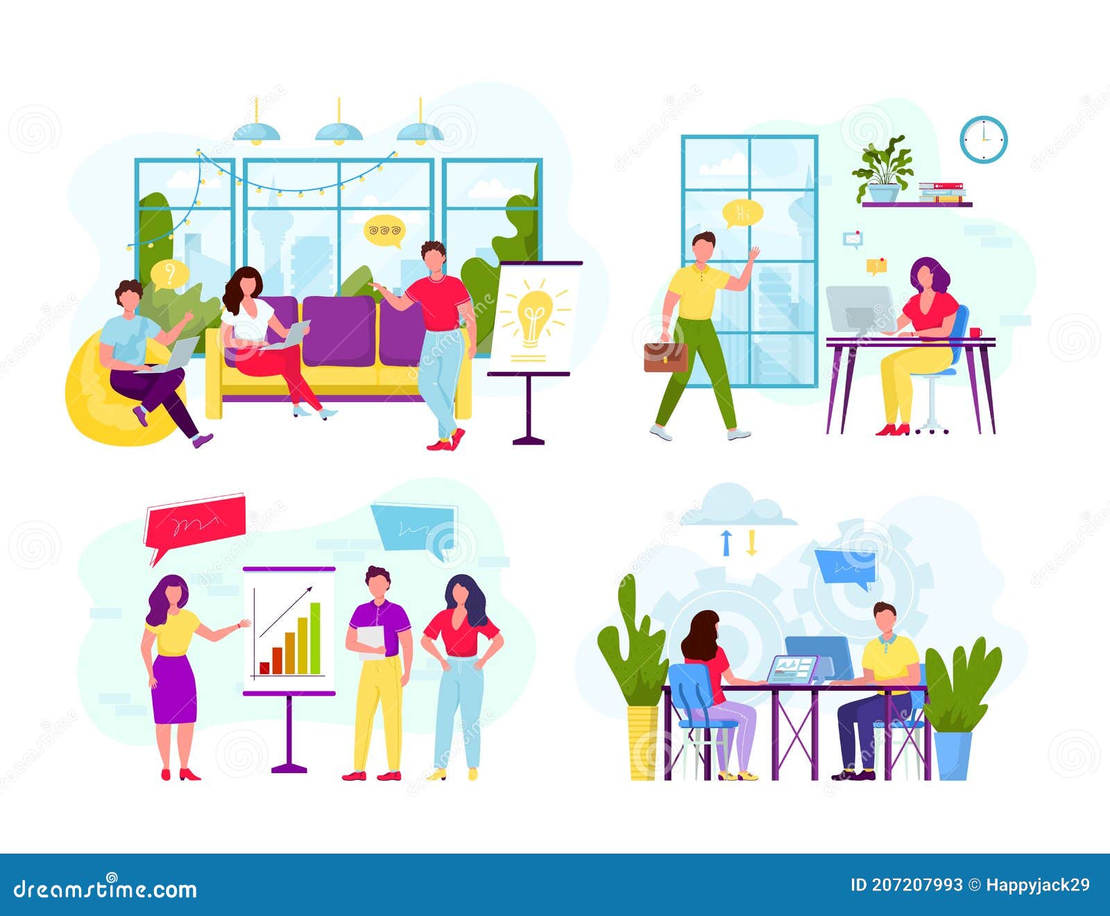 Collection of Scenes with Group of Office Workers or People Working on ...