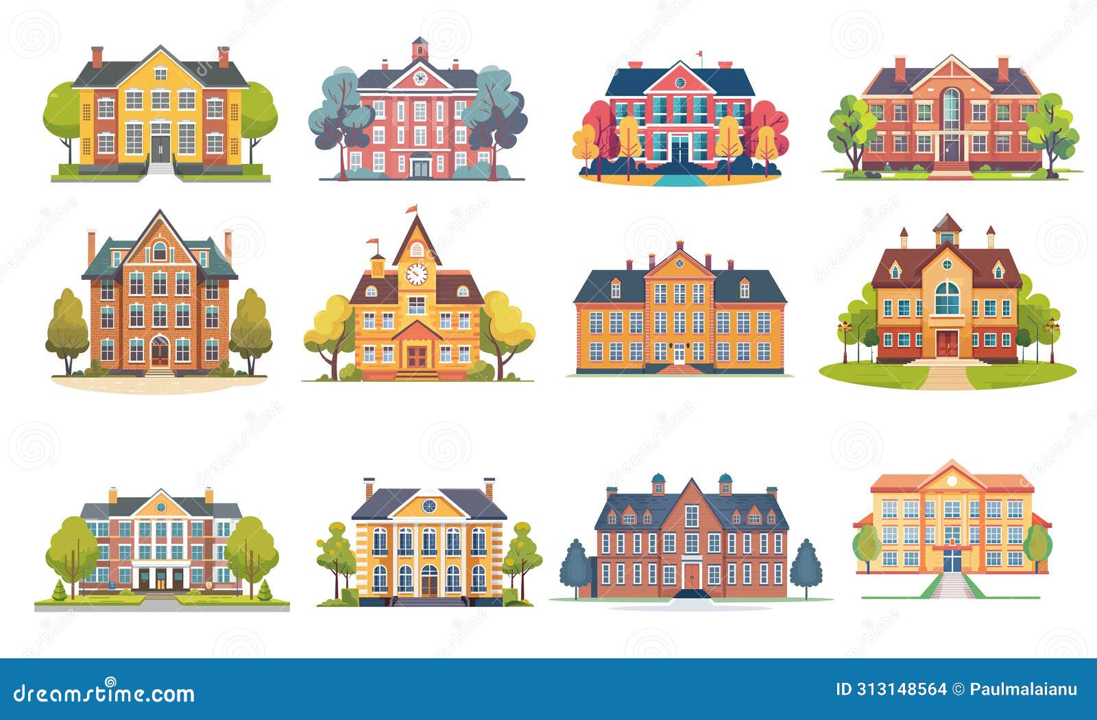 Collection of School Buildings Vector Flat Minimalistic Isolated ...