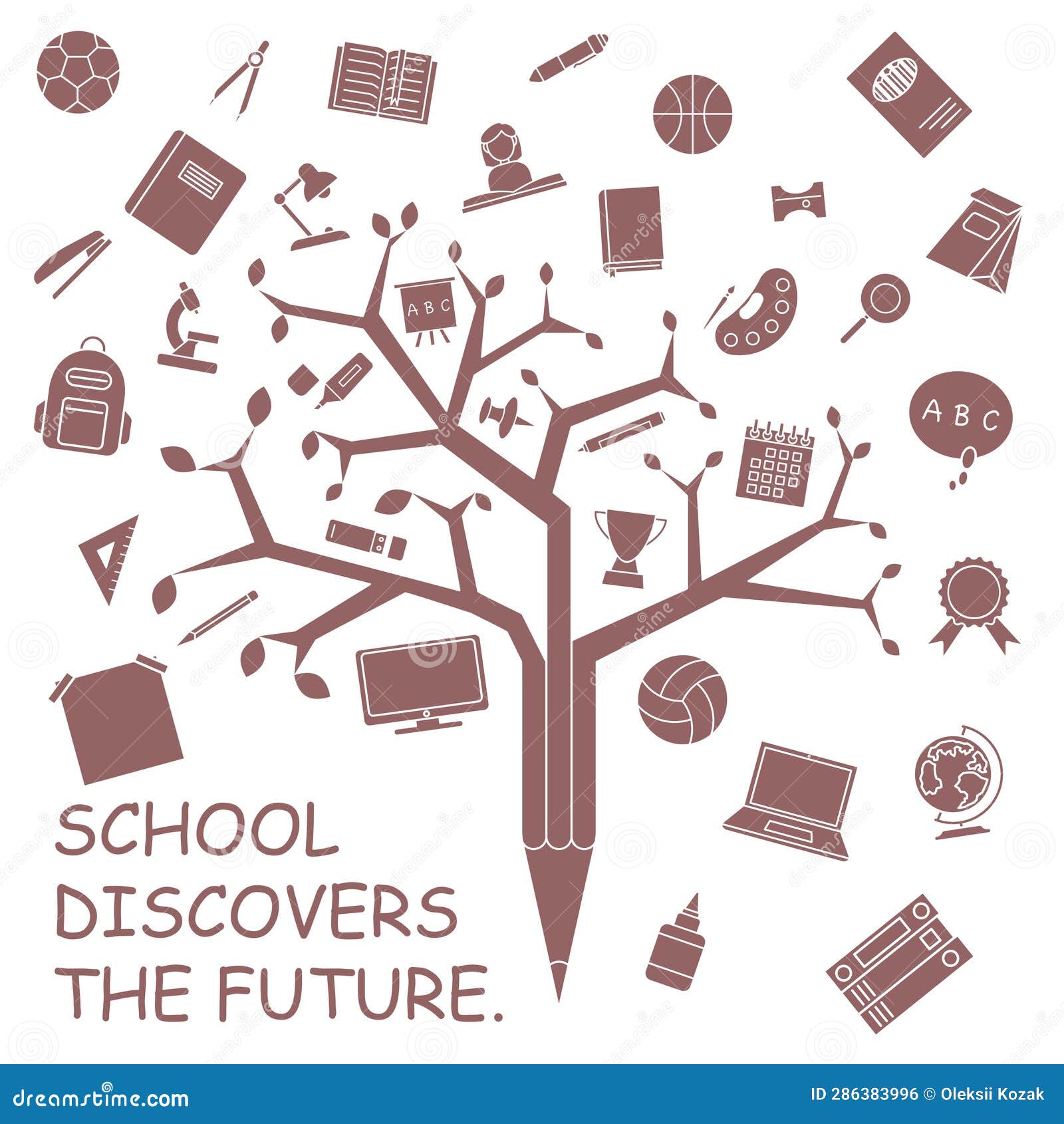 Collection of School Icons Fully Colored in Red. Tree of Knowledge ...